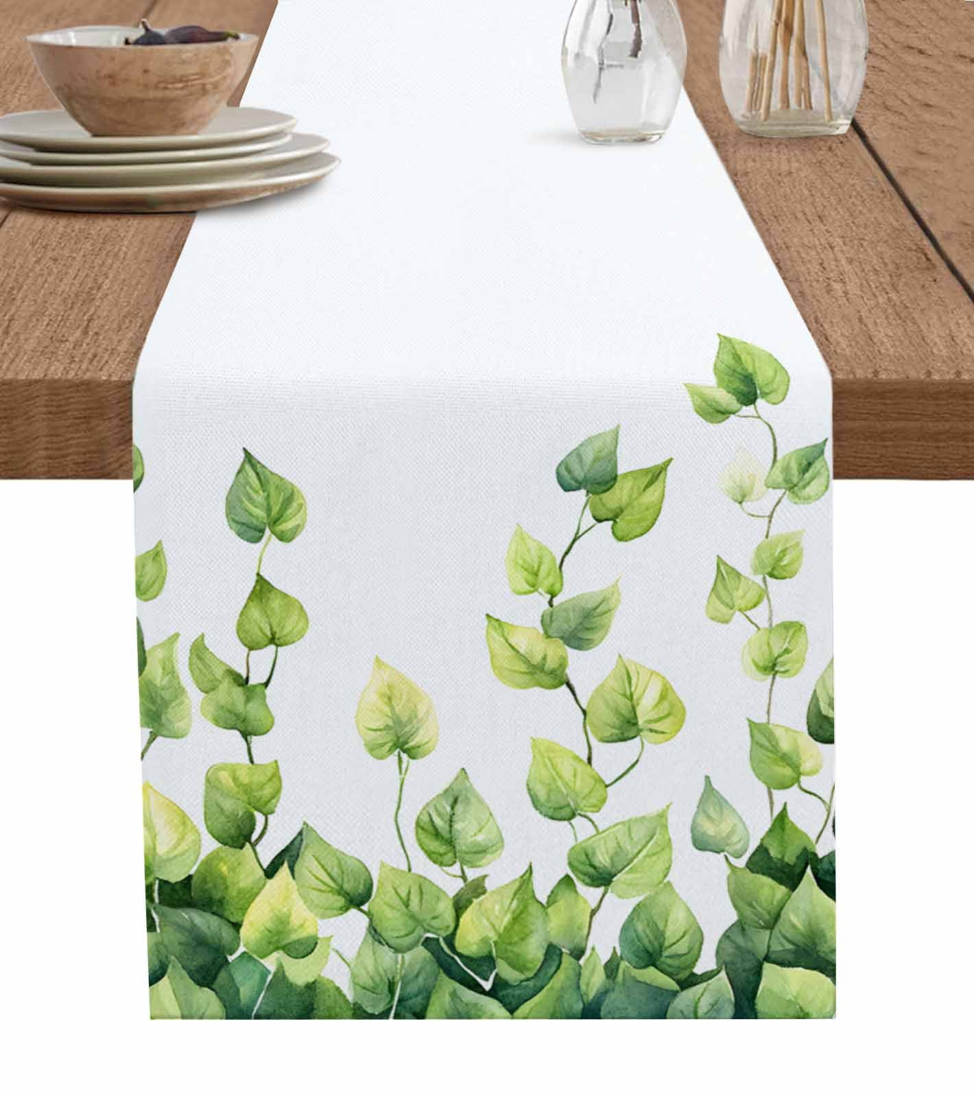 Spring Green Leaves Table Runner 72 Inches, Pastoral Botanical Plants ...