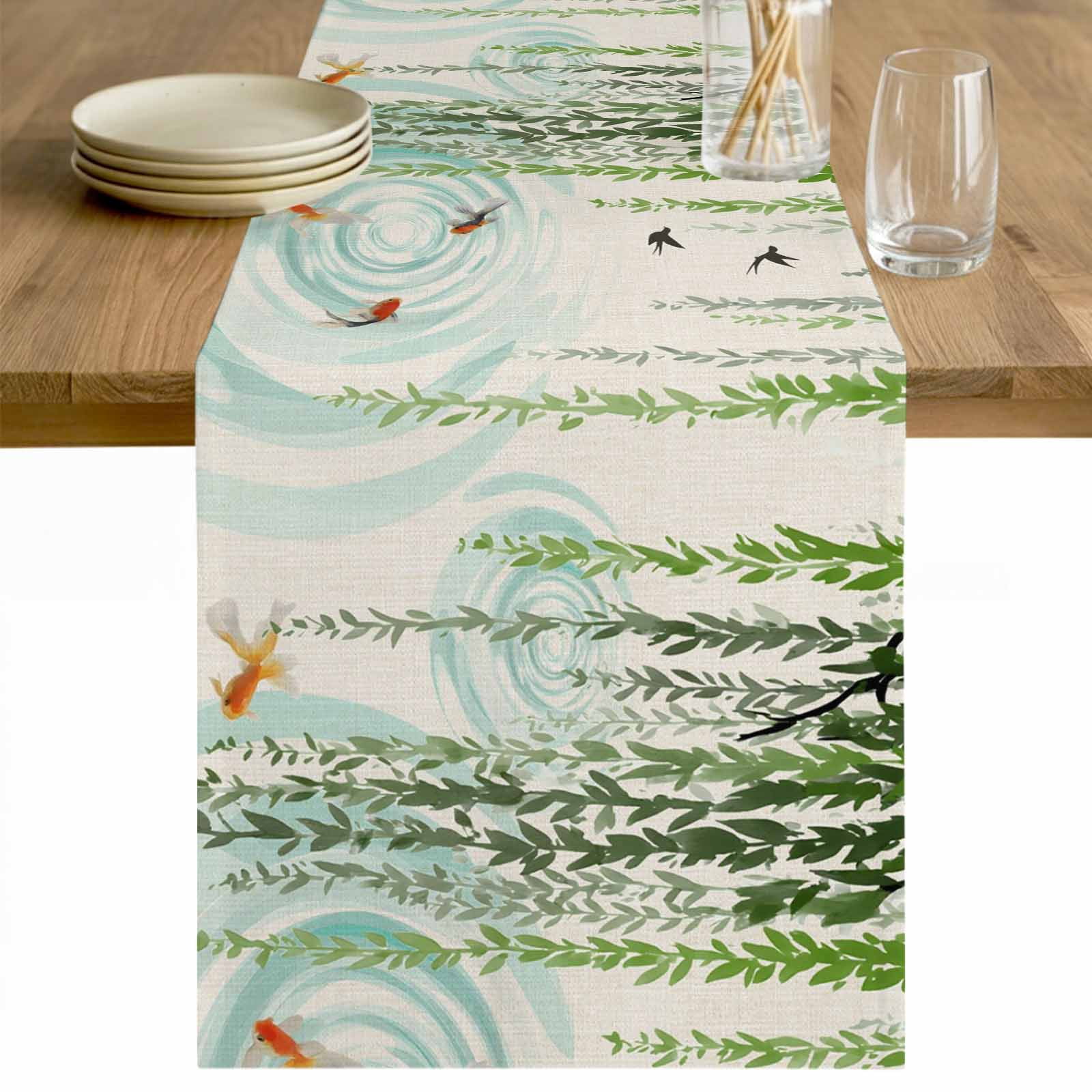 Spring Green Leaves Table Runner - 90 Inch Long Japanese Koi Fish Birds ...