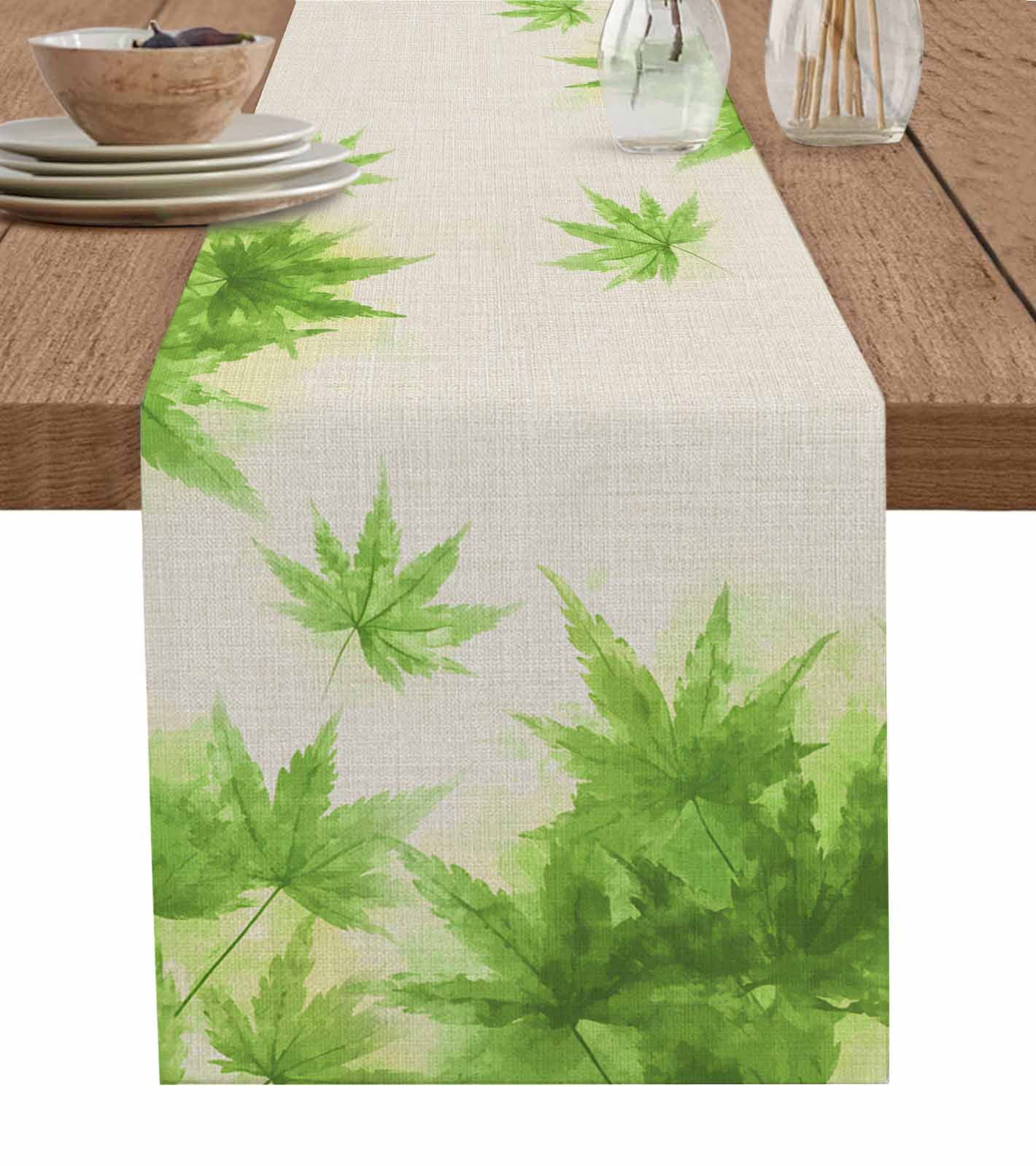 Spring Green Leaves Table Runner Cotton Linen 48 Inch Holiday Dresser Scarves, Beige Retro ...