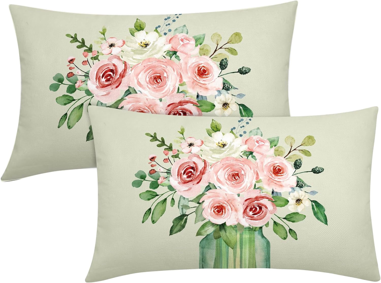 Spring Green Lumbar Pillow Covers 12X20 in Set of 2 Pink Floral Leaves ...