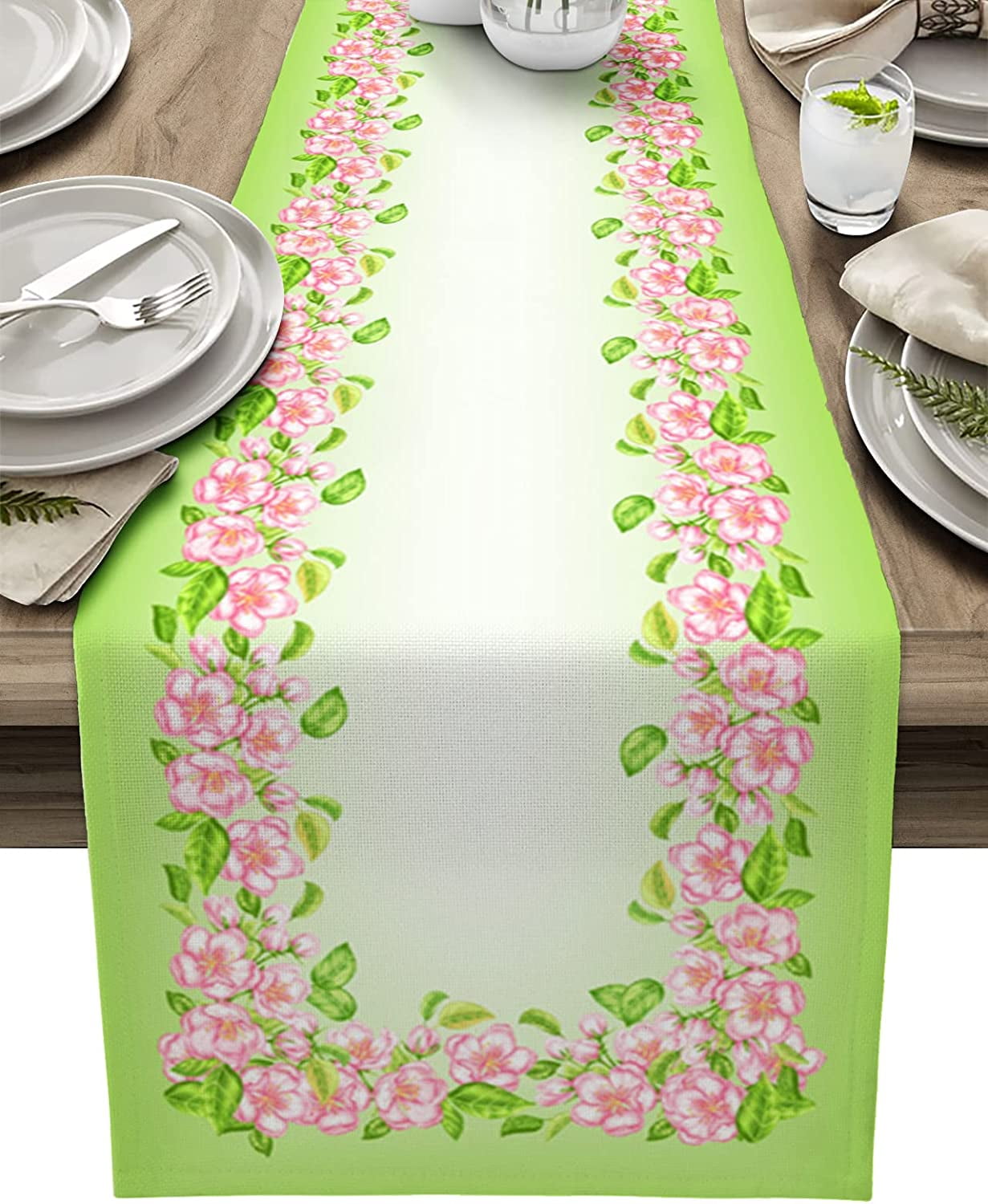 Spring Green Pink Floral Leaves Linen Table Runners Wedding Party ...