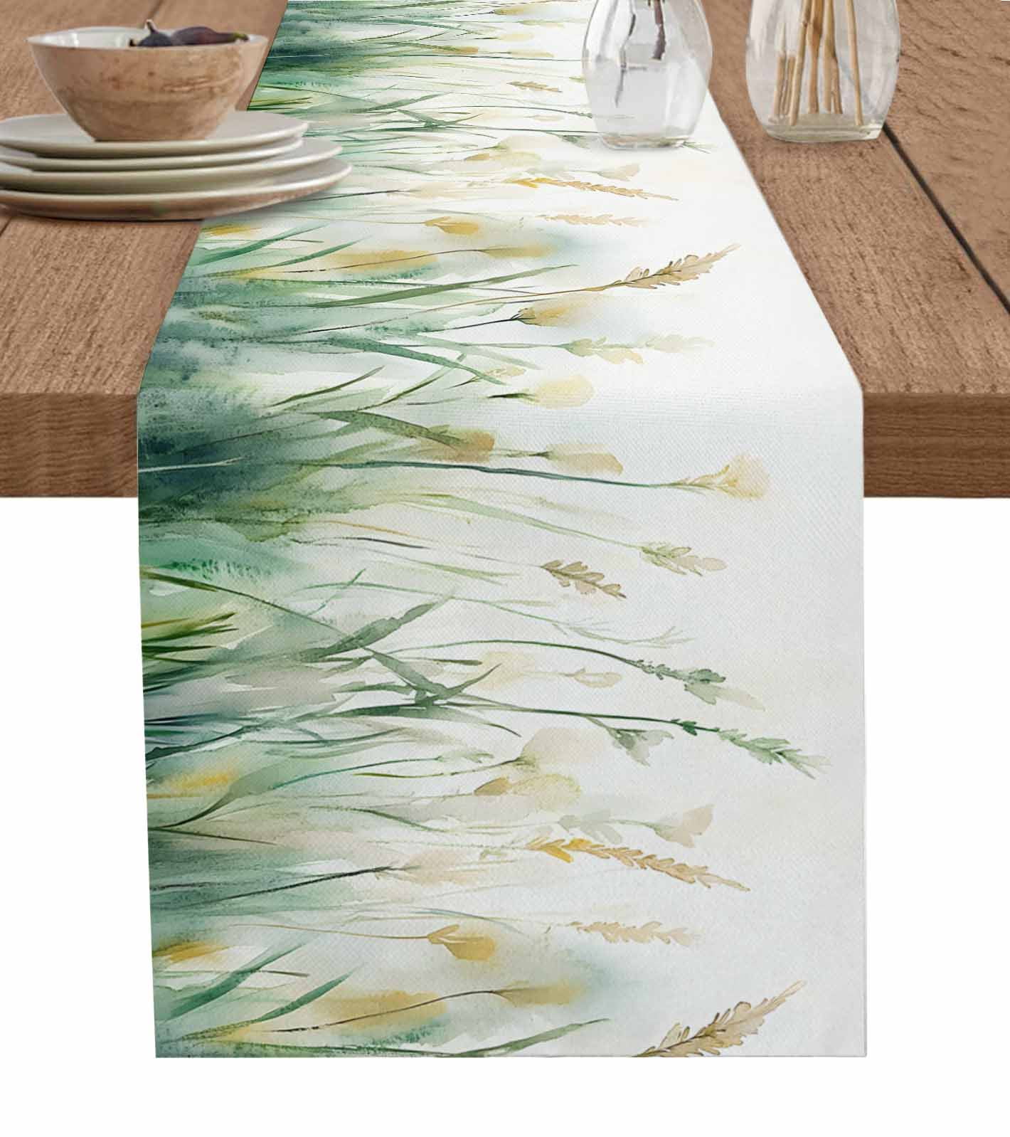 Spring Green Plant Table Runner 70 Inches, Country Botanical Watercolor ...