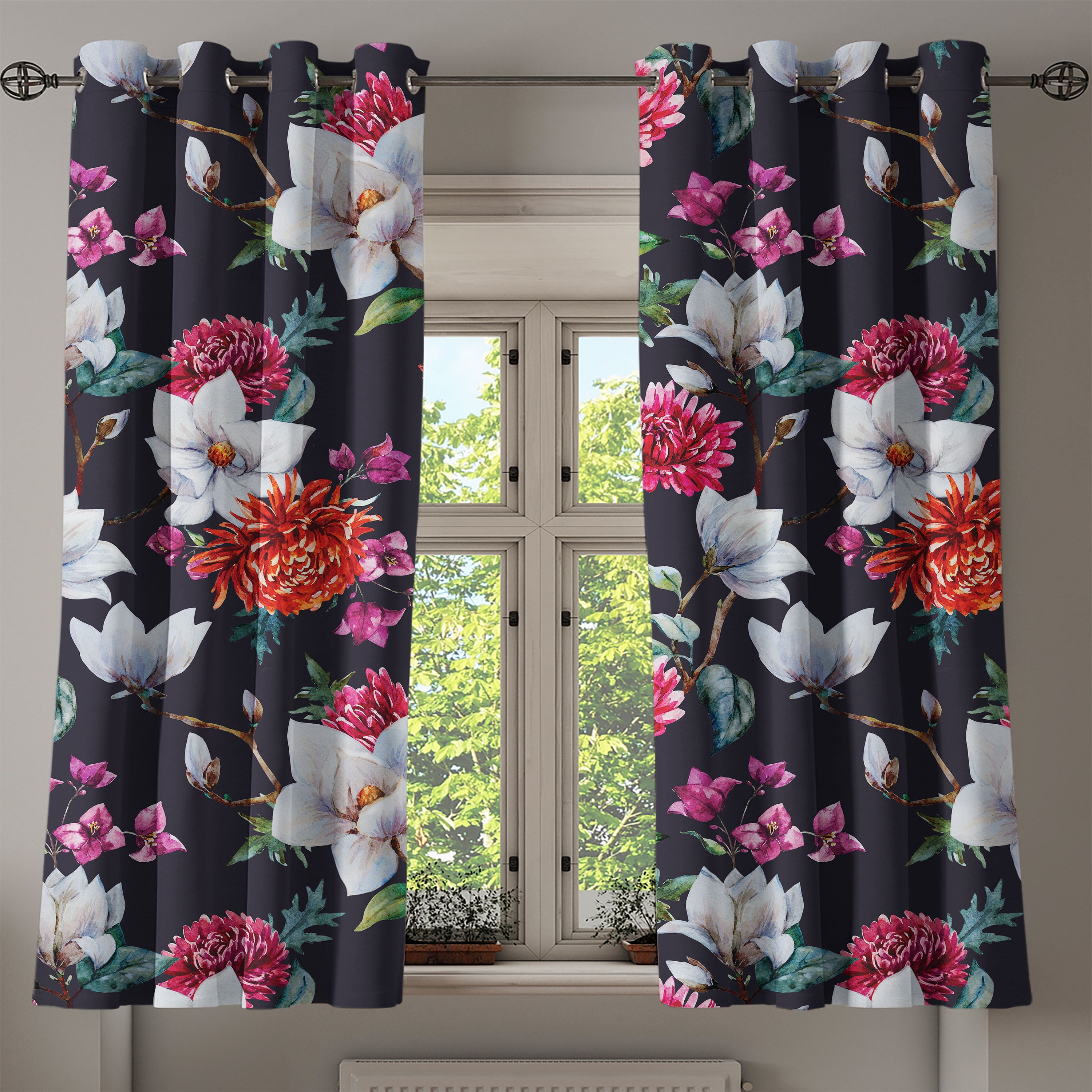 Spring Grommet Curtain, Chrysanthemum and Magnolia Flowers Leaves ...