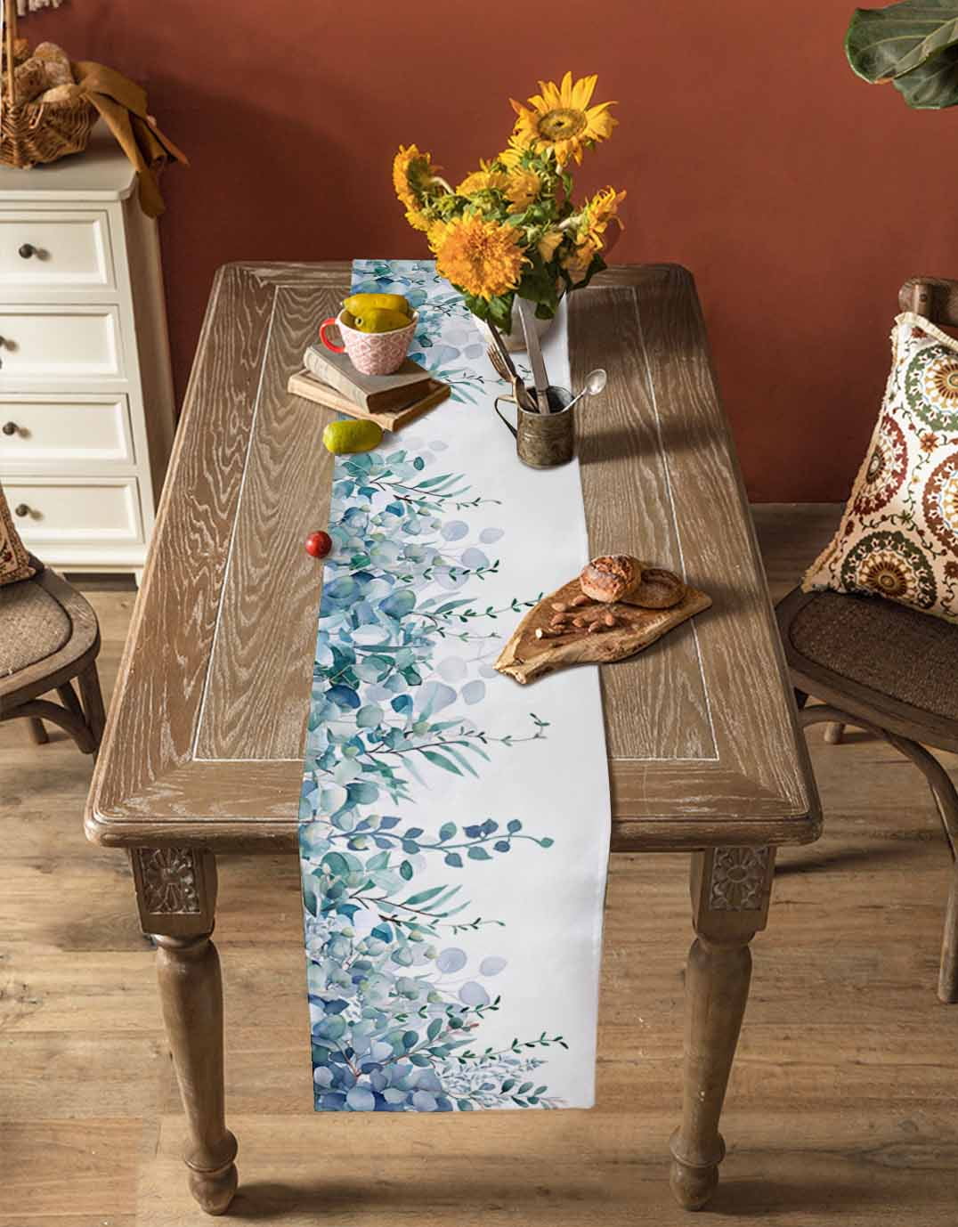 Spring Hand-Painted Eucalyptus Leaves Table Runner Cotton Lin Wedding ...