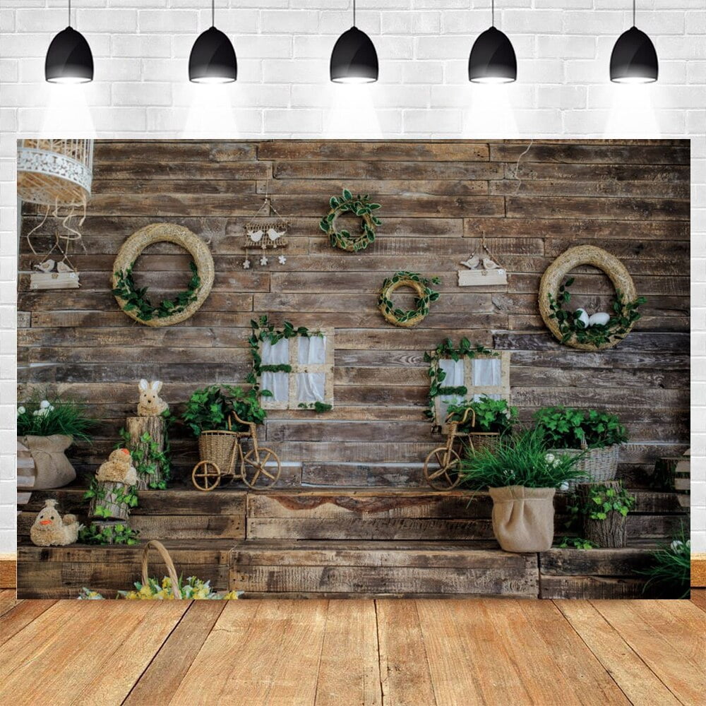 Spring Happy Easter Backdrop Rabbit Eggs Bunny Wooden Wall Farm ...