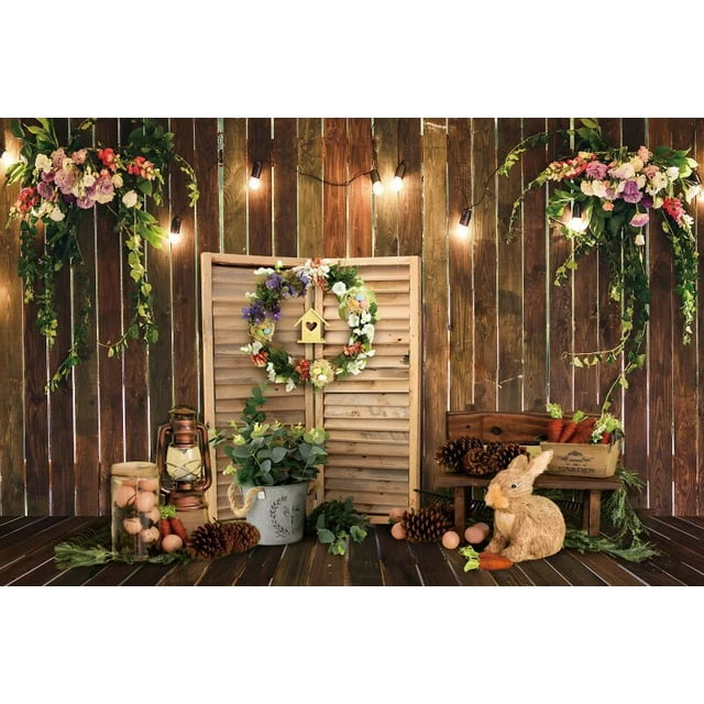Spring Happy Easter Backdrop Rustic Wooden Wall Rabbit Flower Kid Baby ...