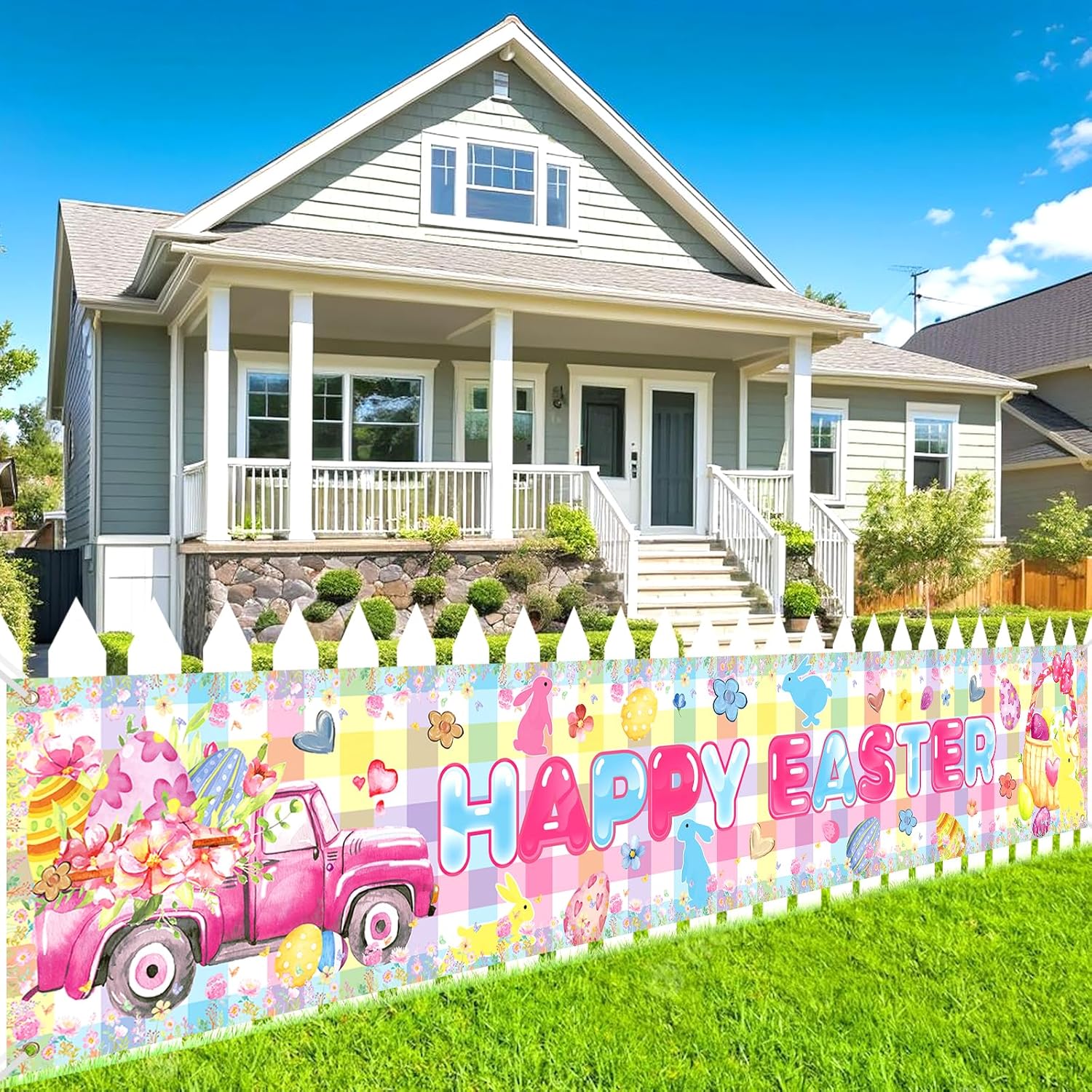 Spring Happy Easter Banner Decorations Pink Blue Plaid Easter Eggs ...