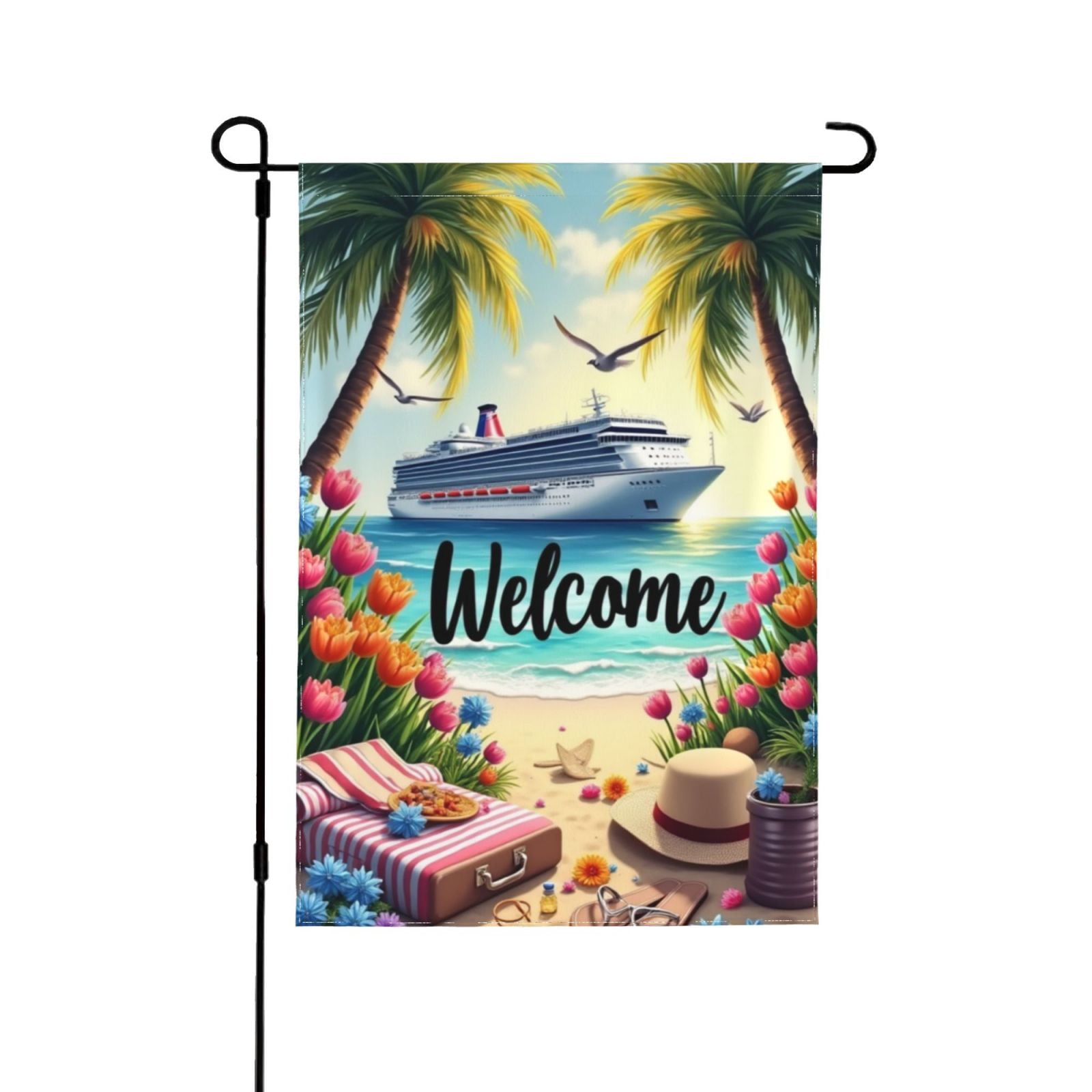 Spring Happy Garden Flag Welcome Spring Yard Garden Flags Cruise Ship On Tropical Beach With ...