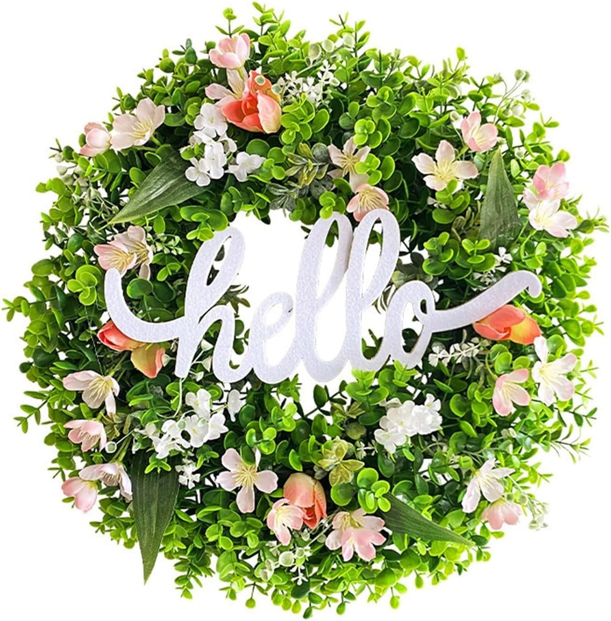 Spring Hello Eucalyptus Wreaths for Front Door, 17.7 in Artificial ...