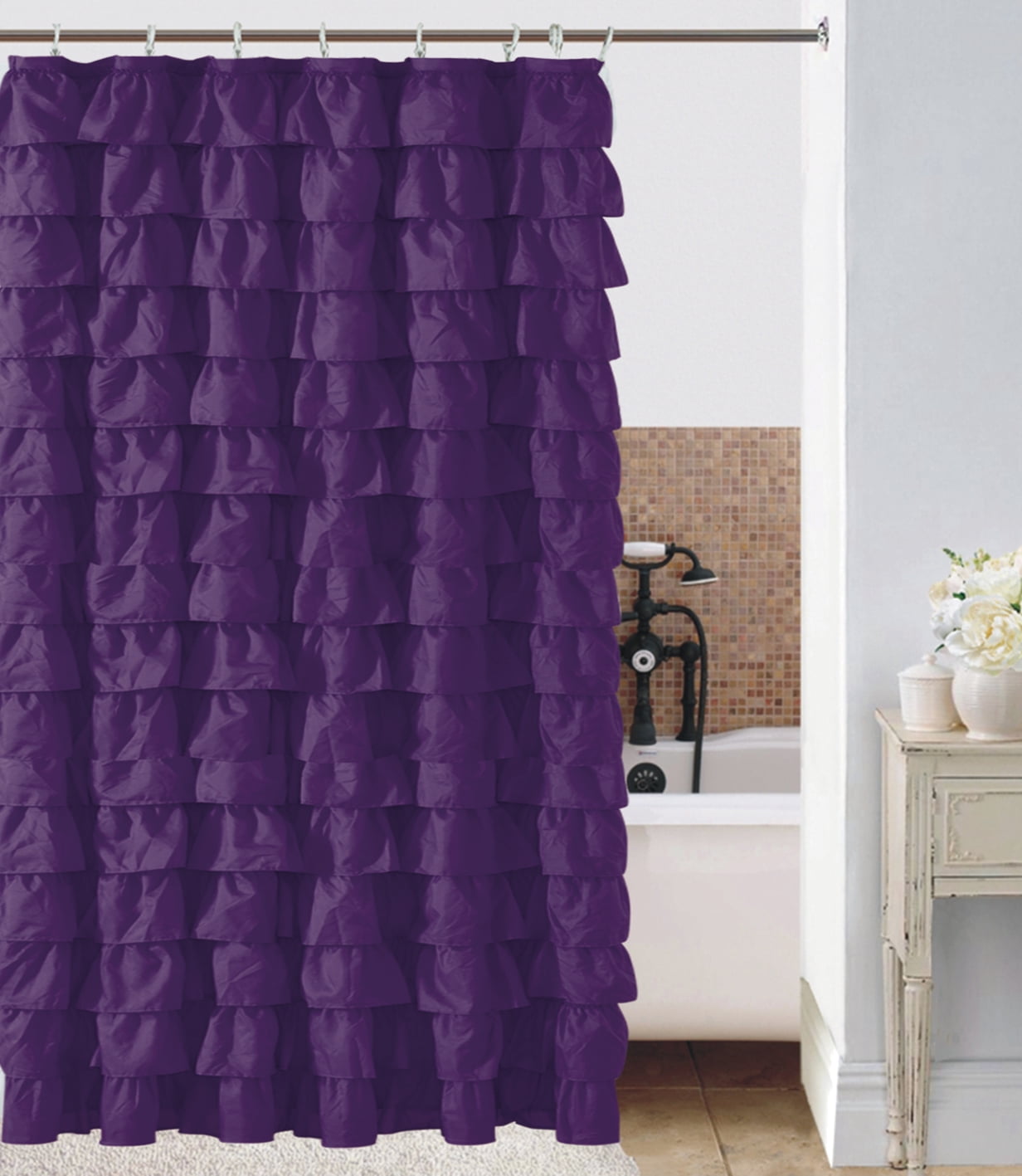 Spring Home Waterfall Ruffled Fabric Shower Curtain Purple 72x72