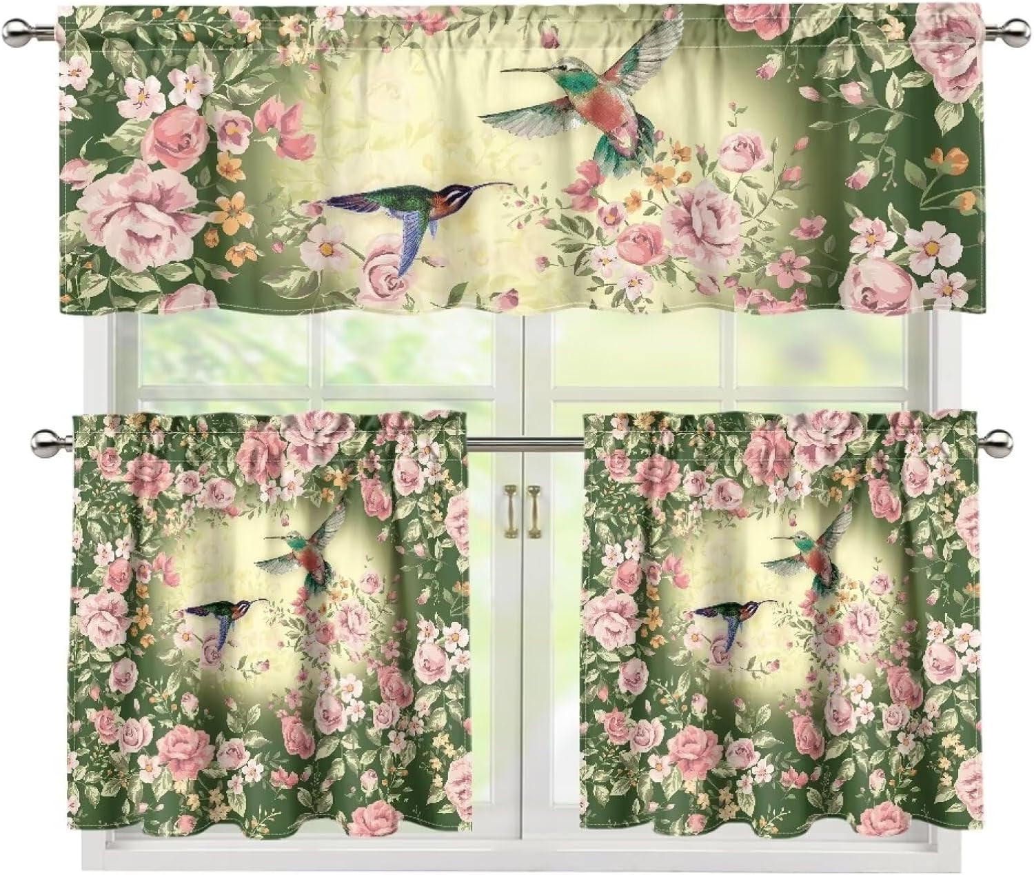 Spring Hummingbird 3-Piece Kitchen Curtain Set, Rod Pocket Kitchen ...
