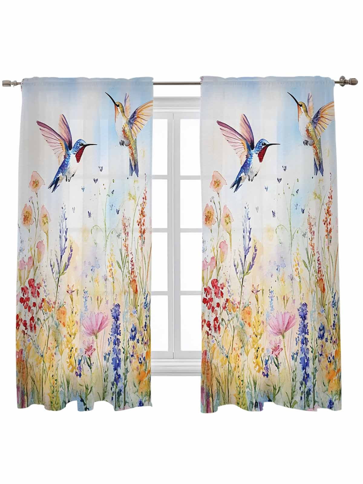 Spring Hummingbird Floral Curtains 72 Inch Length, Sheer Curtains for ...