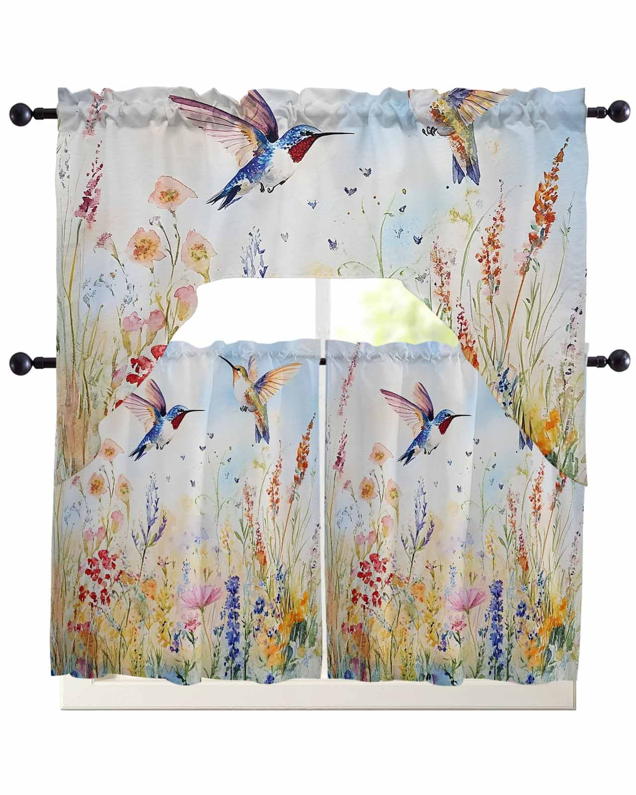 Spring Hummingbird Floral Kitchen Curtains Swag Valance and Tier ...