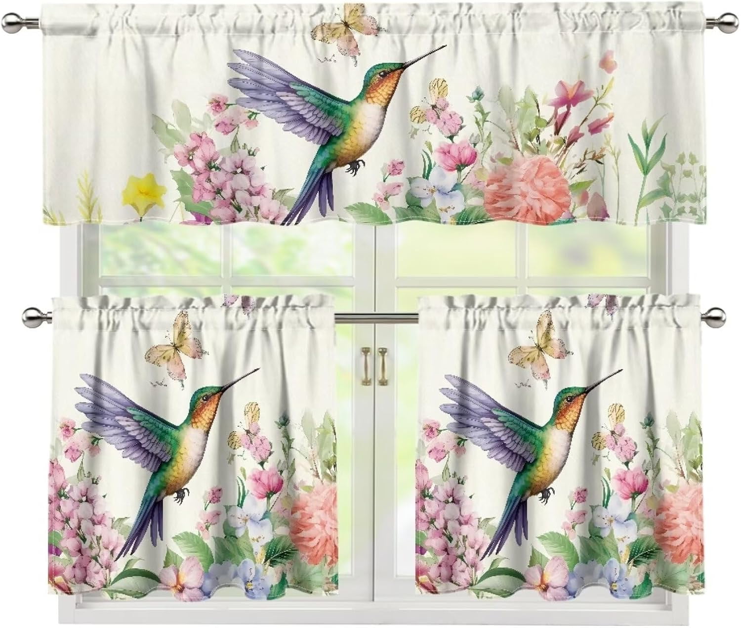 Spring Hummingbird Kitchen Curtains and Valances Set Tier Curtains 24 ...