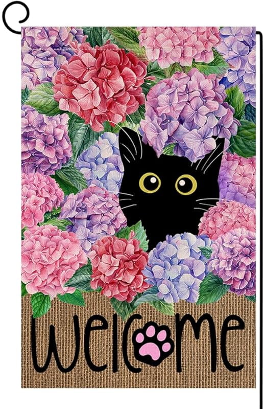 Spring Hydrangea Cat Garden Flag 12x18 Vertical Double Sided Welcome Summer Farmhouse Holiday ...