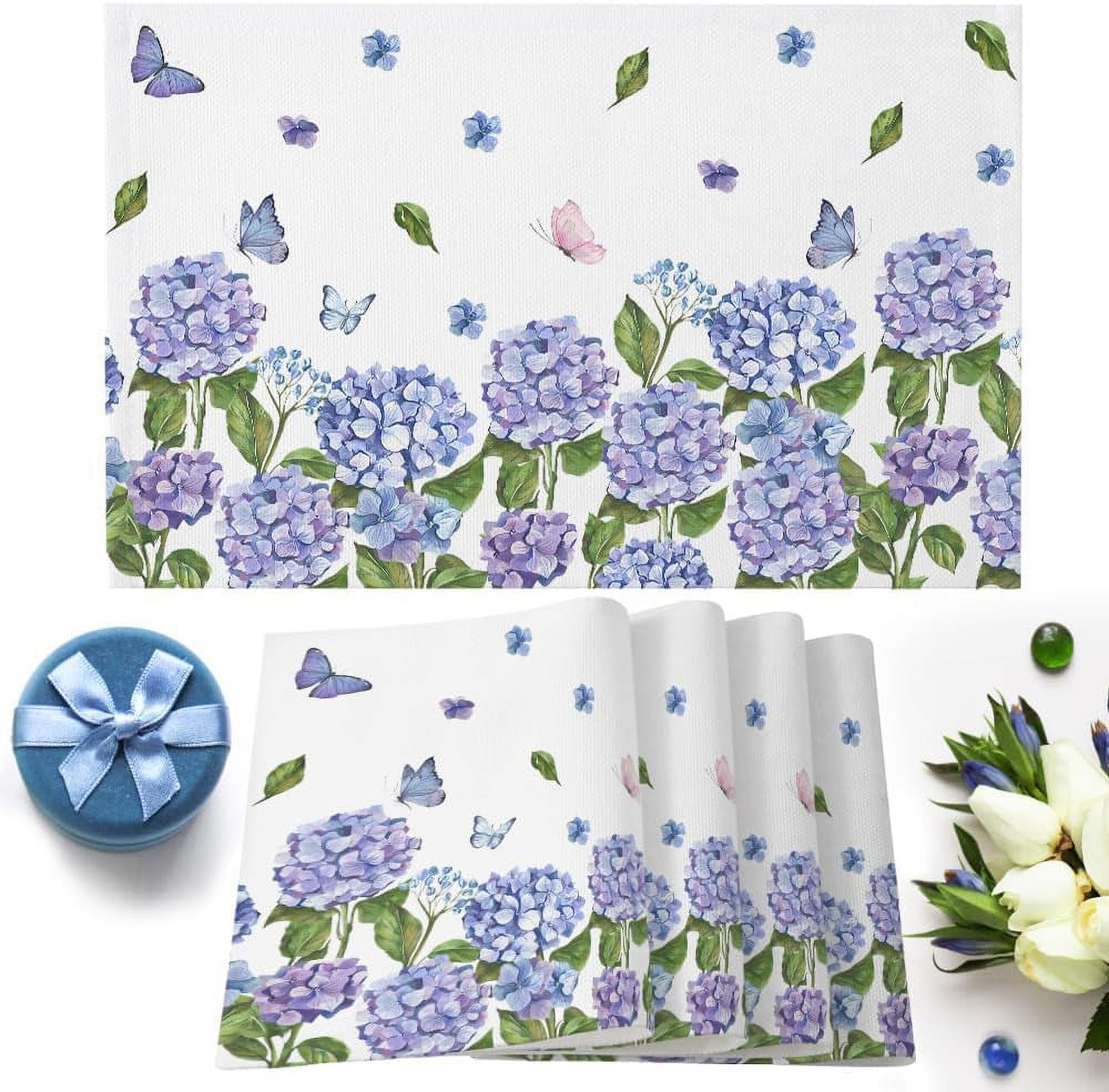 Spring Hydrangea Floral Butterfly Placemats Set of 6 Washable Table ...