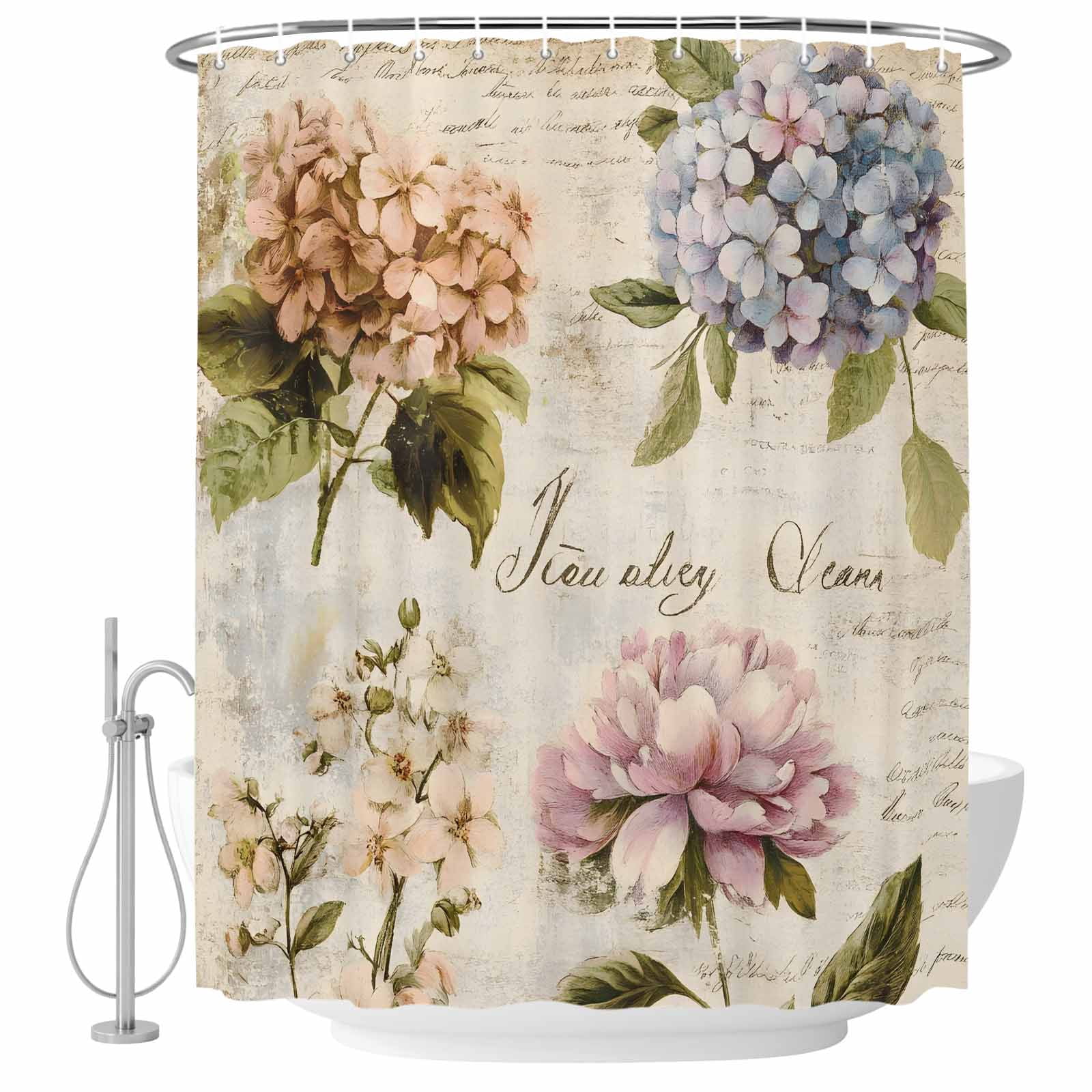 Spring Hydrangea Floral Shower Curtain Set - 72" x 78" Washable Bathtub ...