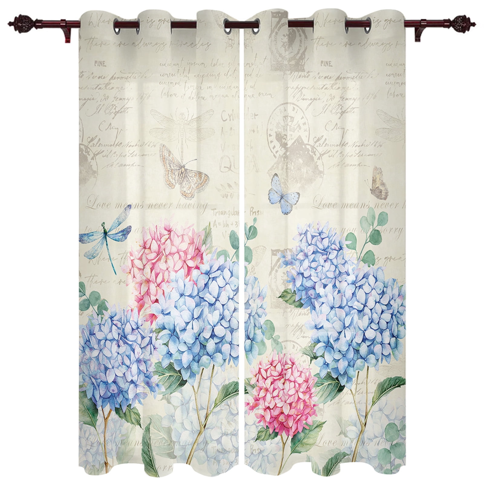 Spring Hydrangea Flower Dragonfly Vintage Curtains for Living Room ...