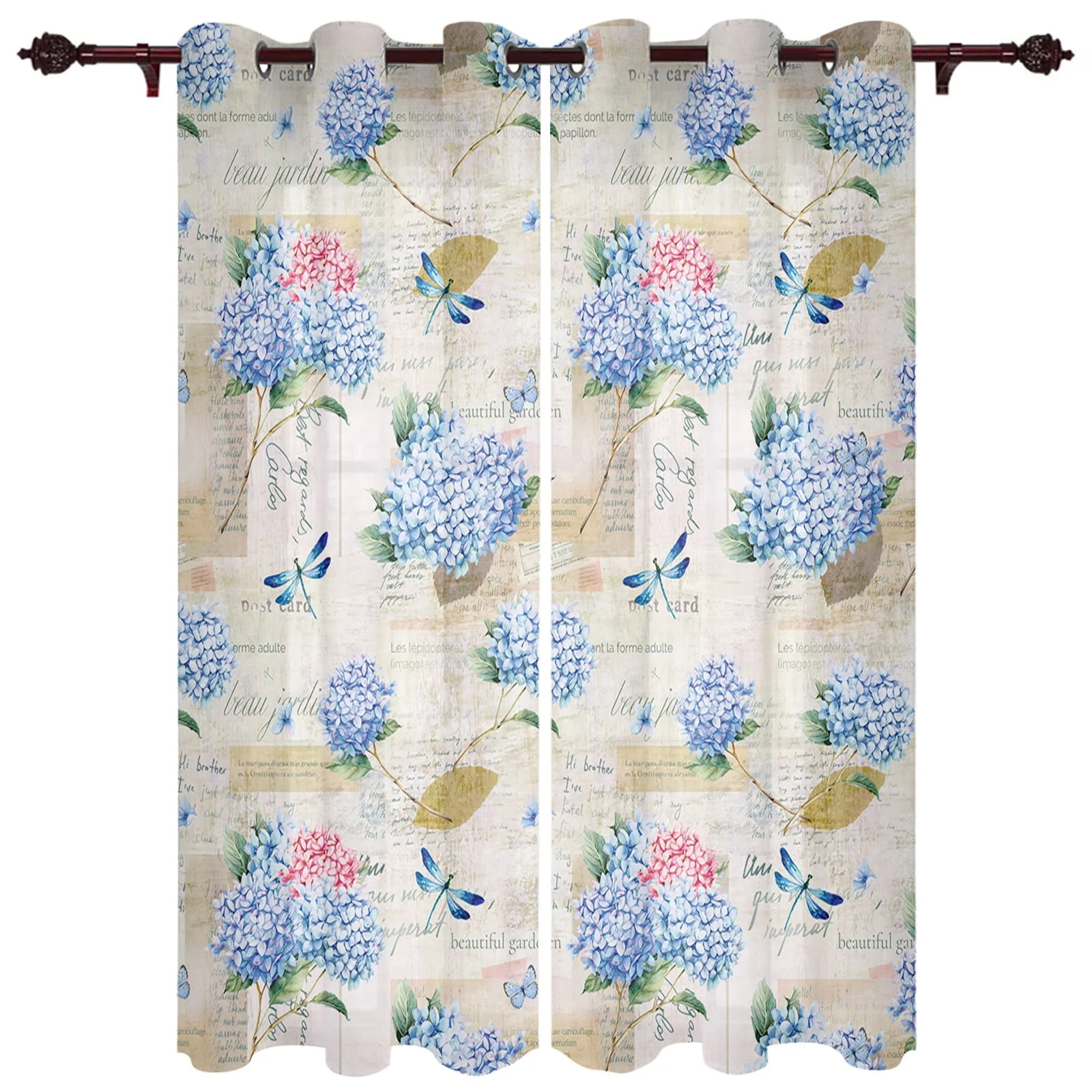 Spring Hydrangea Flower Dragonfly Vintage Modern Window Curtains for ...