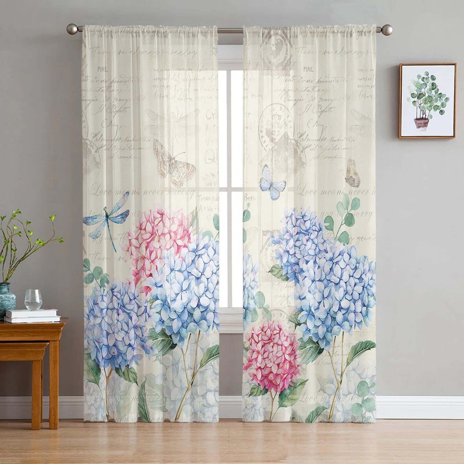 Spring Hydrangea Flower Dragonfly Vintage Sheer Voile Window Curtains ...