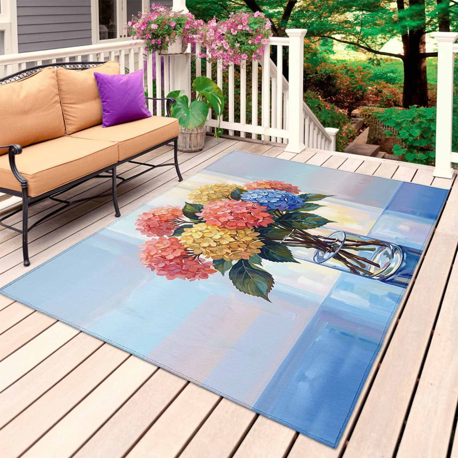 Spring Hydrangea Outdoor Rug for Patio/Deck/Porch, Non-Slip Large Area ...