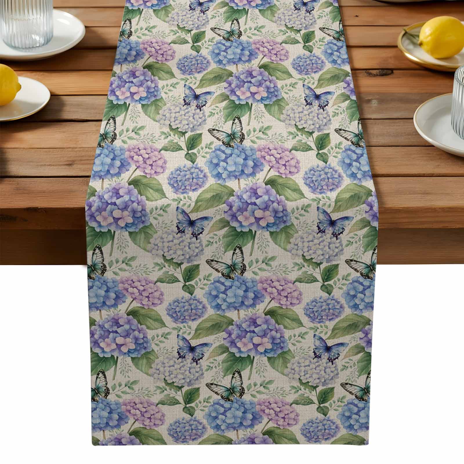 Spring Hydrangea Table Runner, Watercolor Purple Pink White Floral Leaf ...