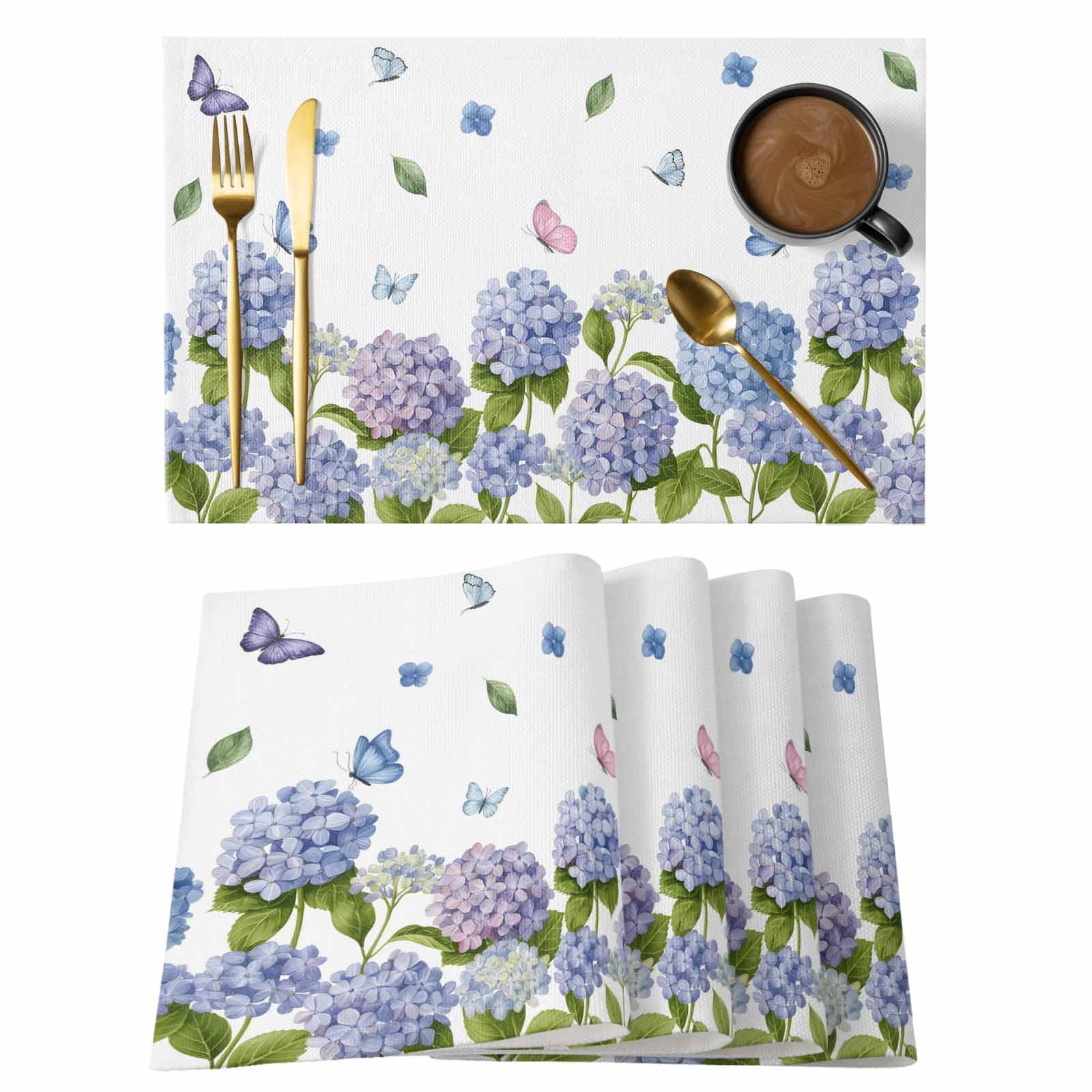 Spring Hydrangeas Placemats Set of 4, Purple Floral Butterfly Leaves ...