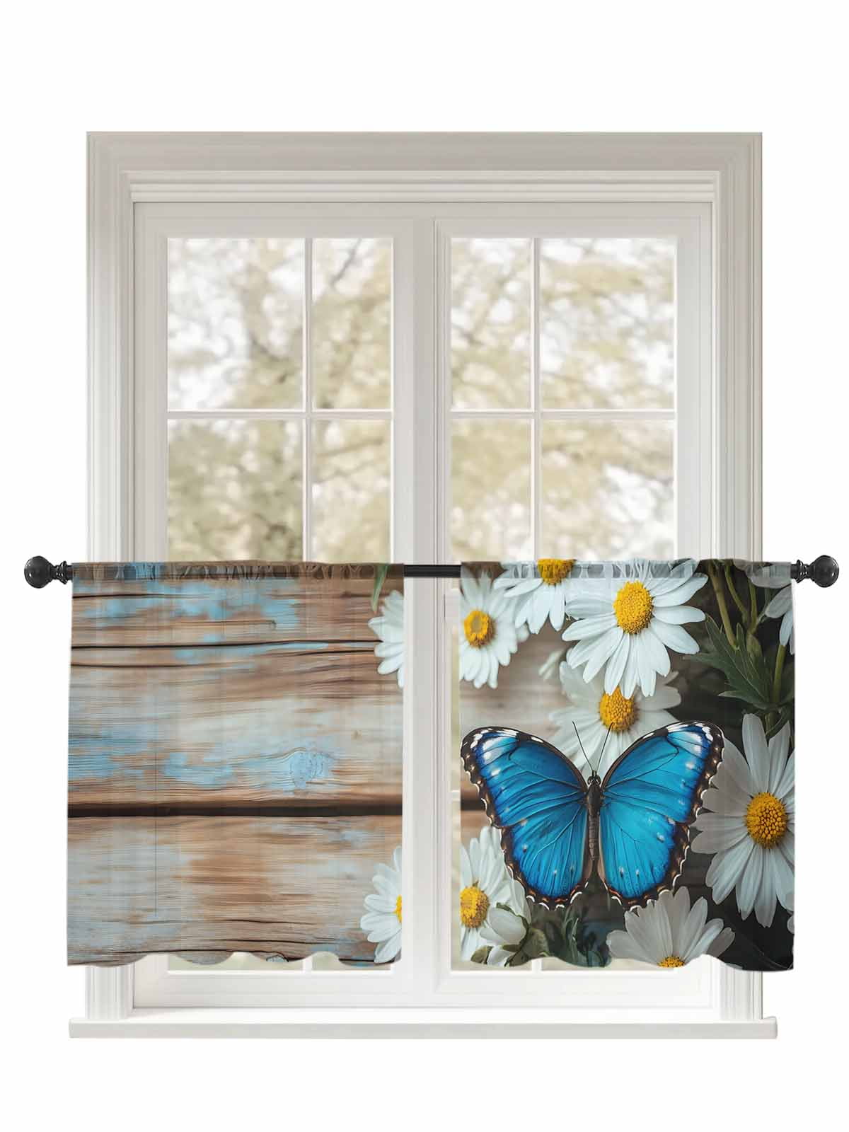 Spring Idyllic Sheer Curtains 2 Panels Set Blue Butterfly White Daisy Wood Grain Lihgt Filtering ...