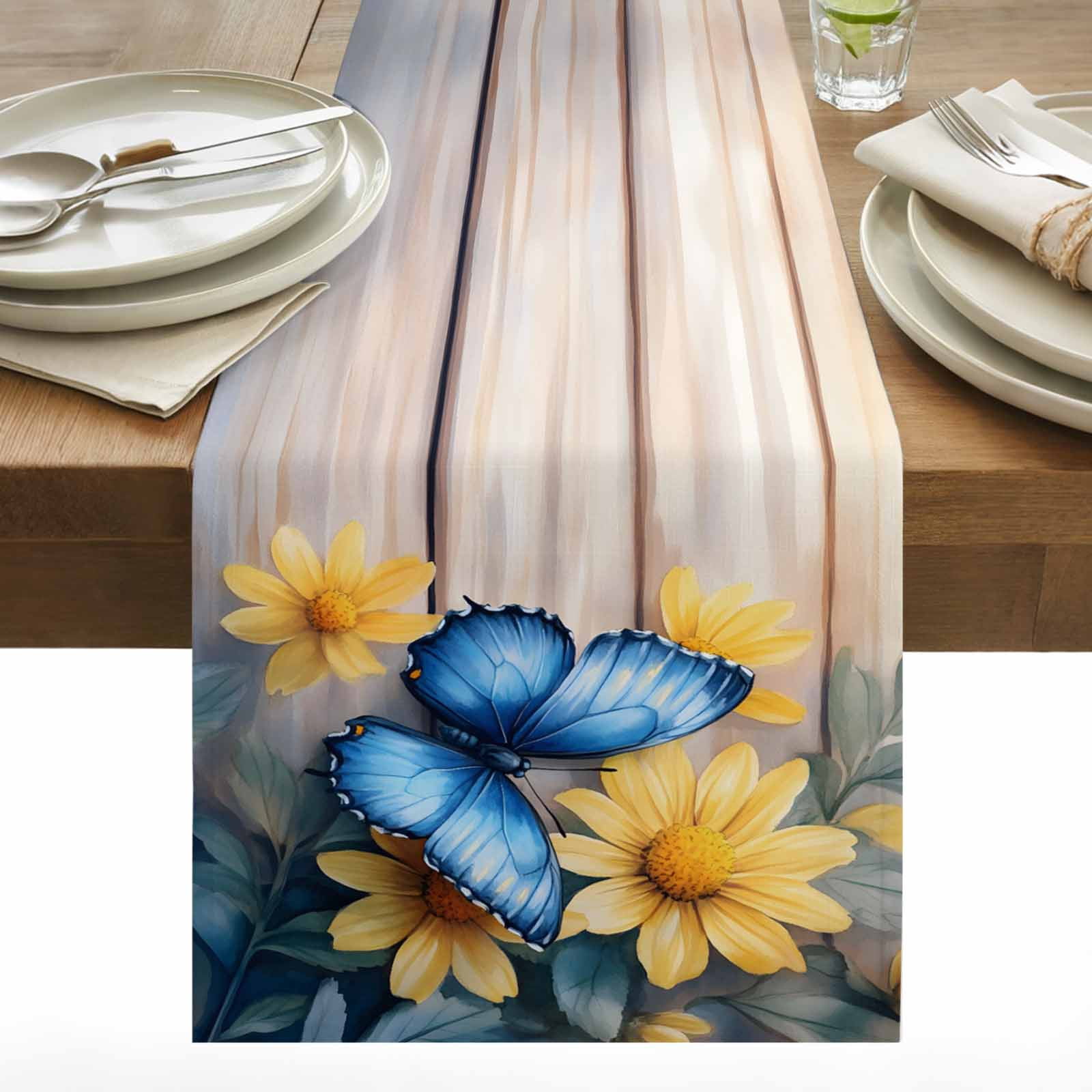 Spring Idyllic Wood Grain Cotton Linen Table Runner Yellow Flower Blue ...