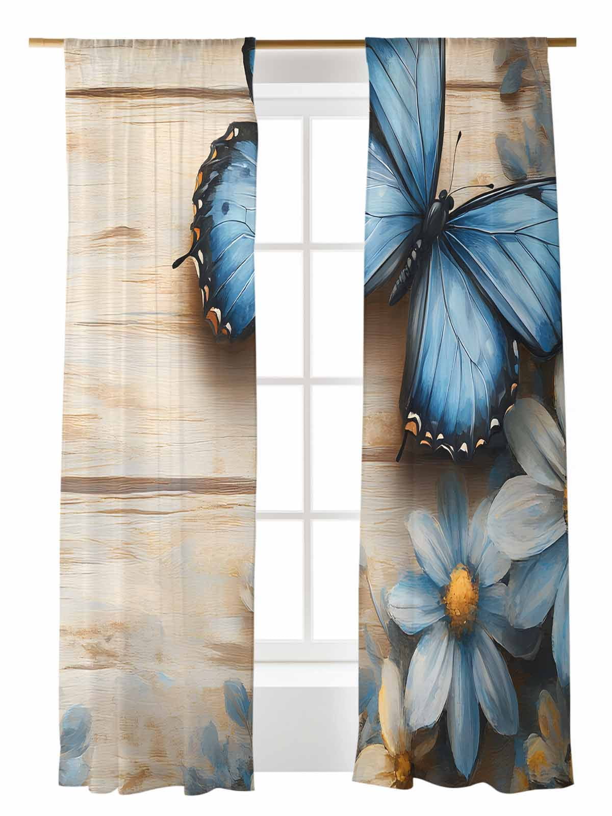 Spring Idyllic Wood Grain Sheer Curtains 2 Panels Set Daisy Blue ...