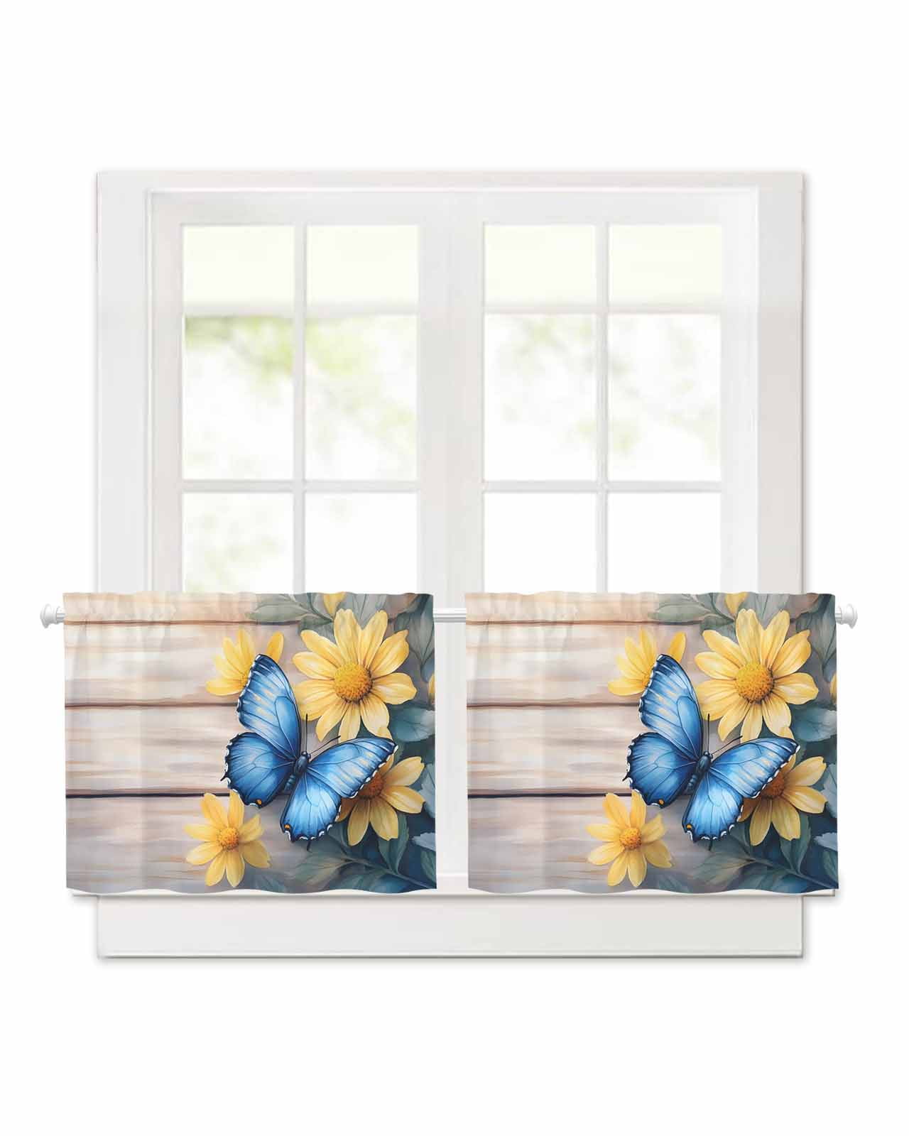 Spring Idyllic Wood Grain Short Blackout Curtains 30 Inch Long Yellow ...