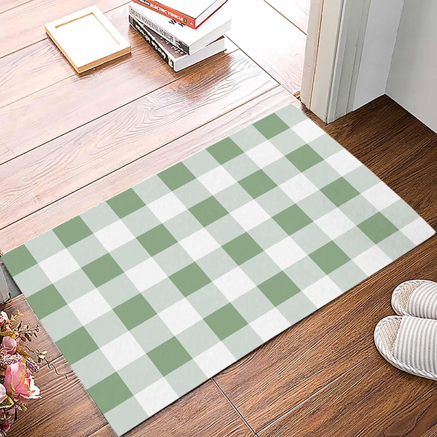 Spring Indoor Doormat Front Door Mat, Green White Buffalo Check Plaid ...