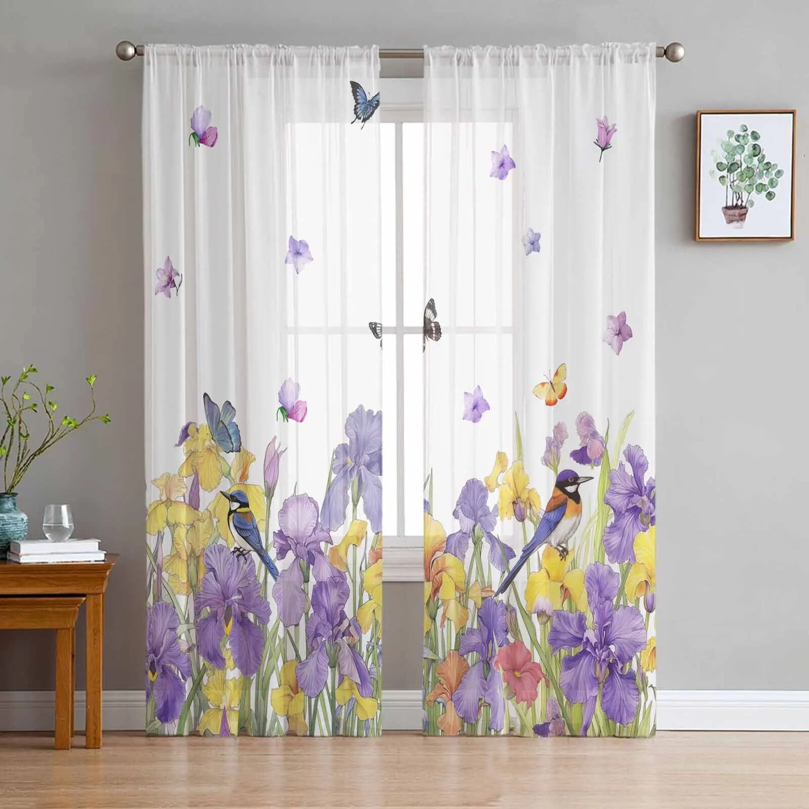 Spring Iris Watercolor Butterfly Tulle Curtain for Living Room Bedroom ...