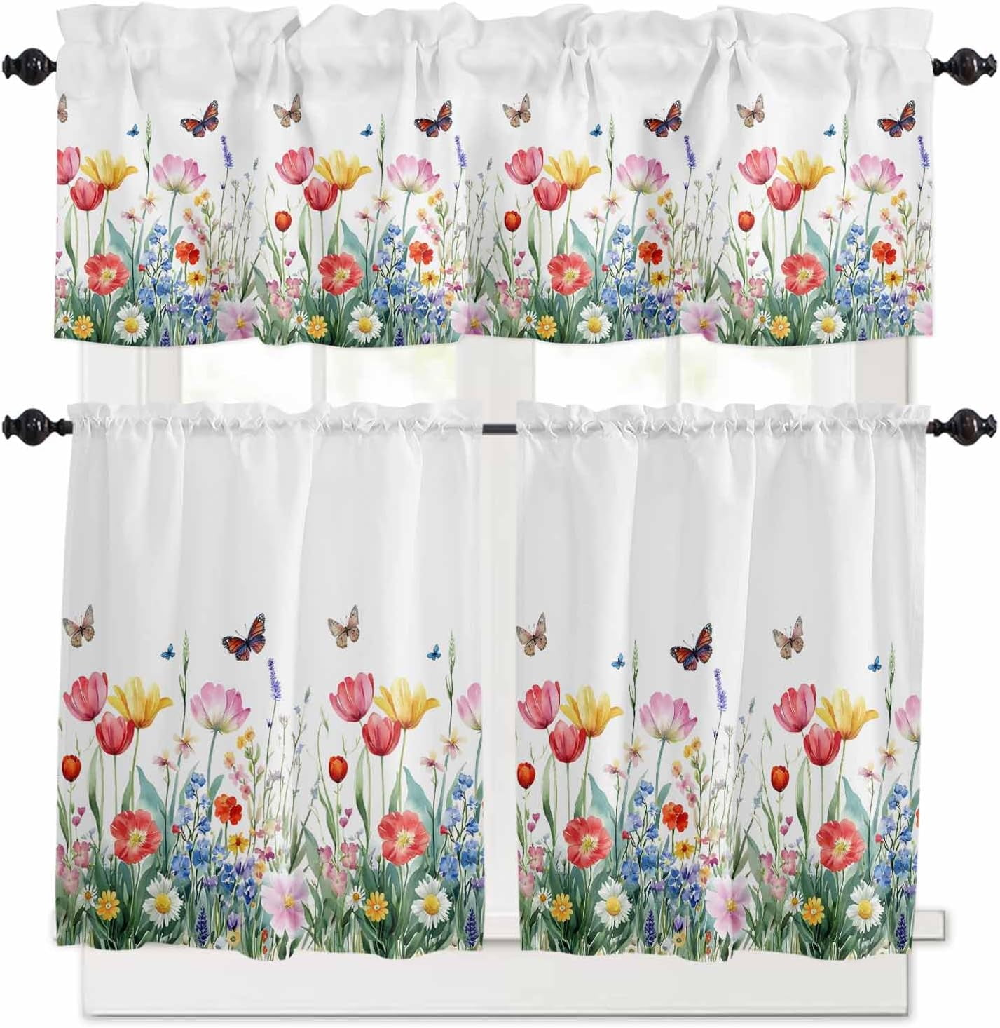Spring Kitchen Curtains and Valances Set, Colorful Tulip Butterfly Rod Pocket Window Valance 18 ...