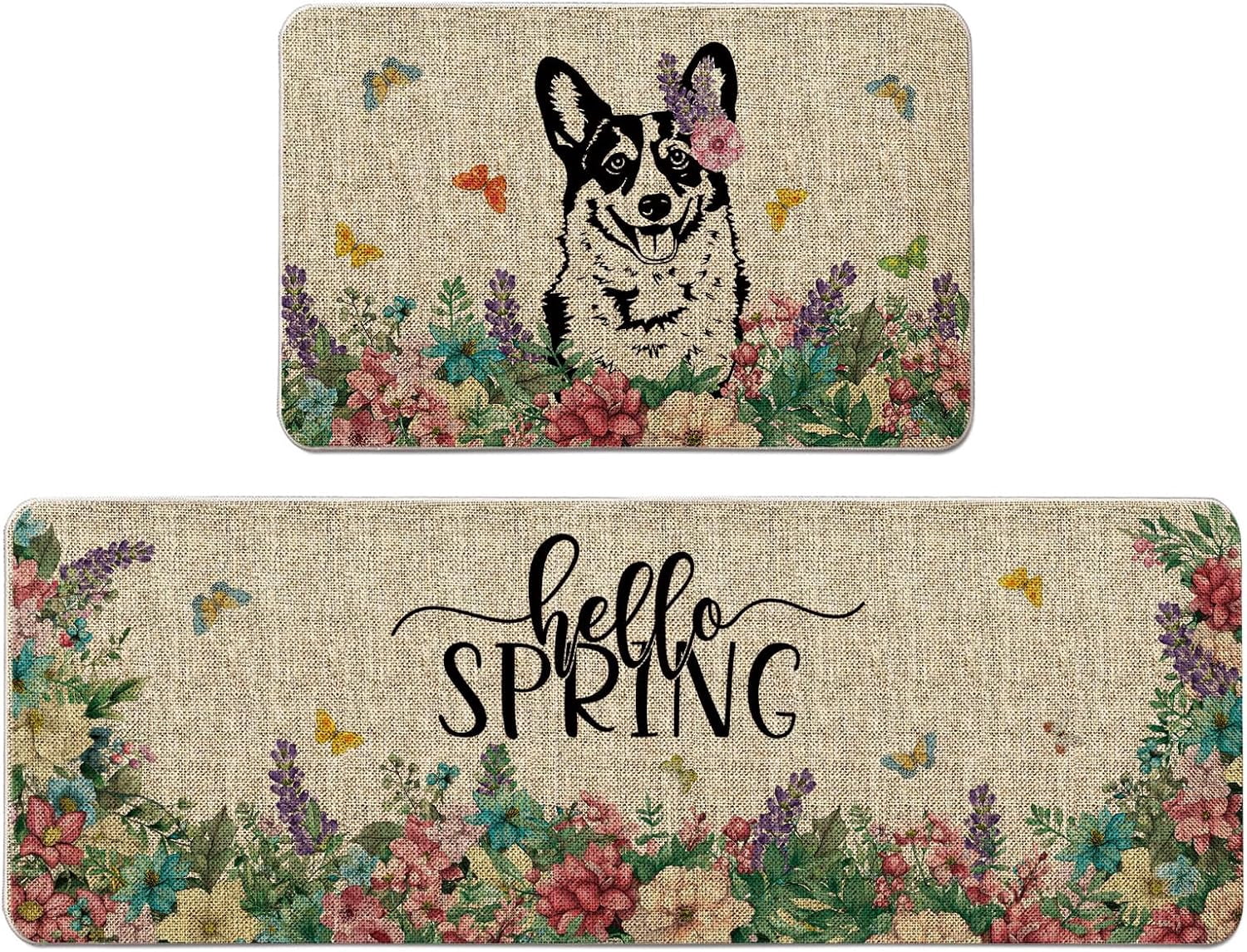 Spring Kitchen Mat Corgi Kitchen Rugs Floral Butterfly Farmhouse Party ...