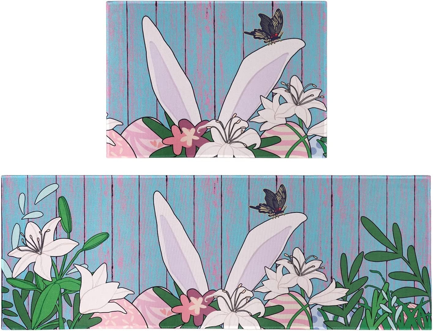 Spring Kitchen Rug Set,Easter Eggs Bunny Rabbit Ears Spring Flowers ...