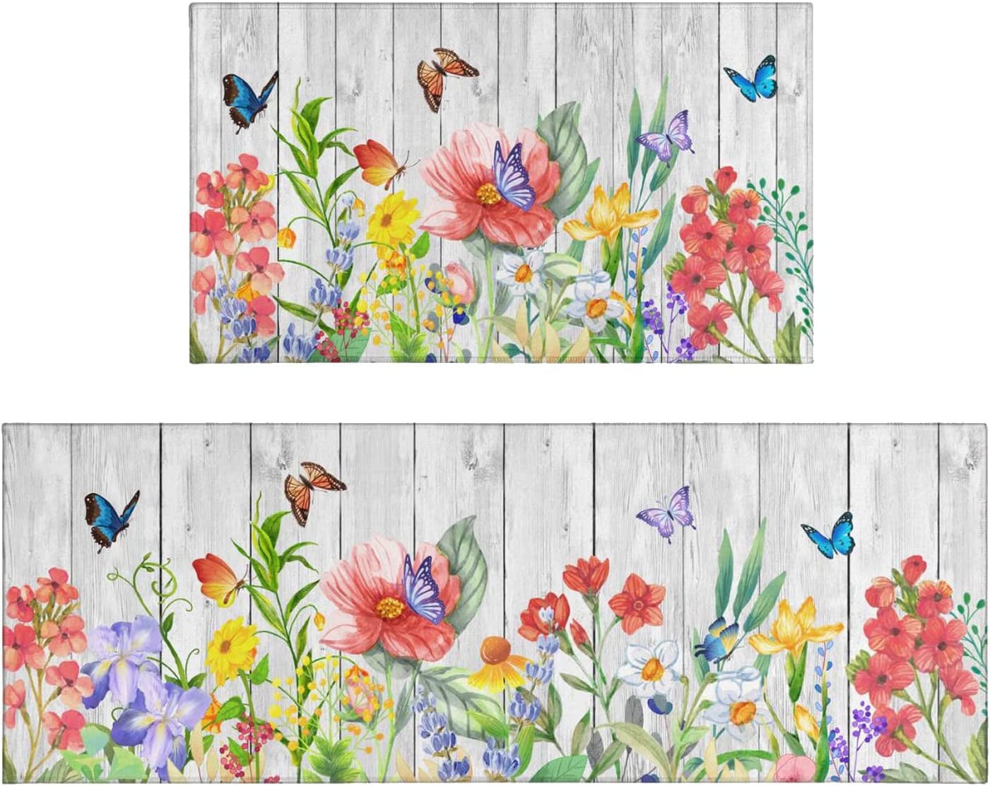 Spring Kitchen Anti-Slip Washable Mats, Set of 2, Wood Grain Floral ...