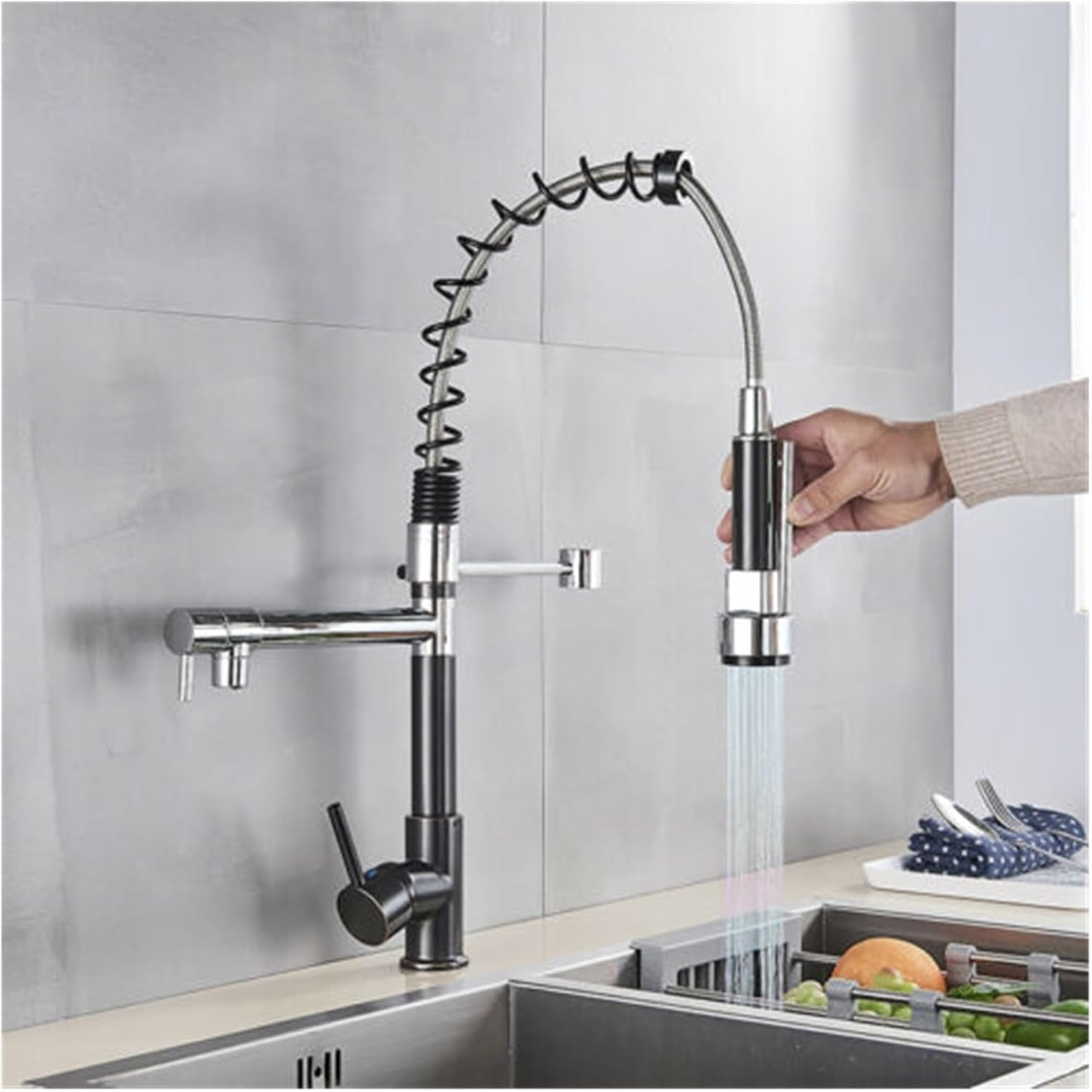 Spring LED Kitchen Faucet Chrome Plated Pull Out Sprayer Dual Spout ...