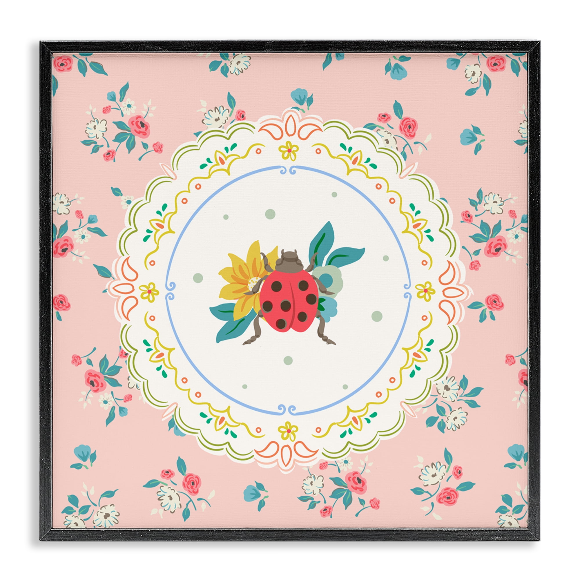 Spring Lady Bug Lace Pattern Black Framed Giclee Art, design by Angela ...