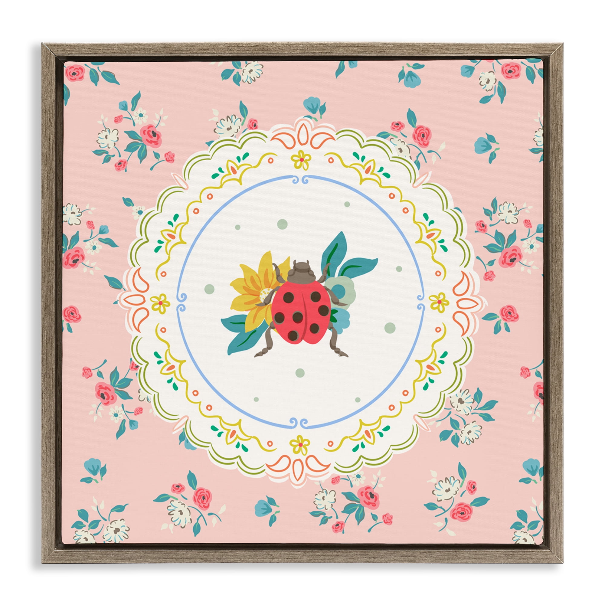 Spring Lady Bug Lace Pattern Brown Framed Floater Canvas Wall Art ...