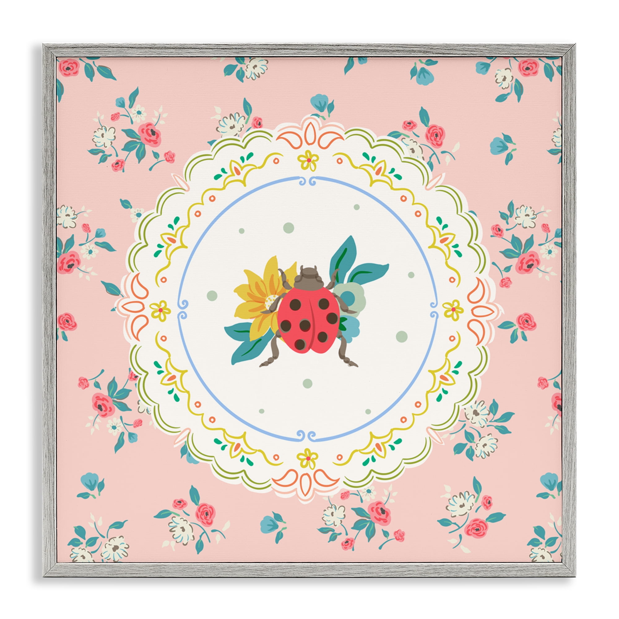 Spring Lady Bug Lace Pattern Gray Framed Giclee Art, design by Angela ...