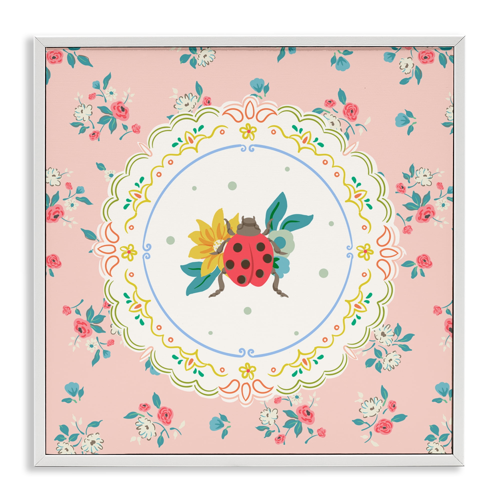 Spring Lady Bug Lace Pattern White Framed Giclee Art, design by Angela ...