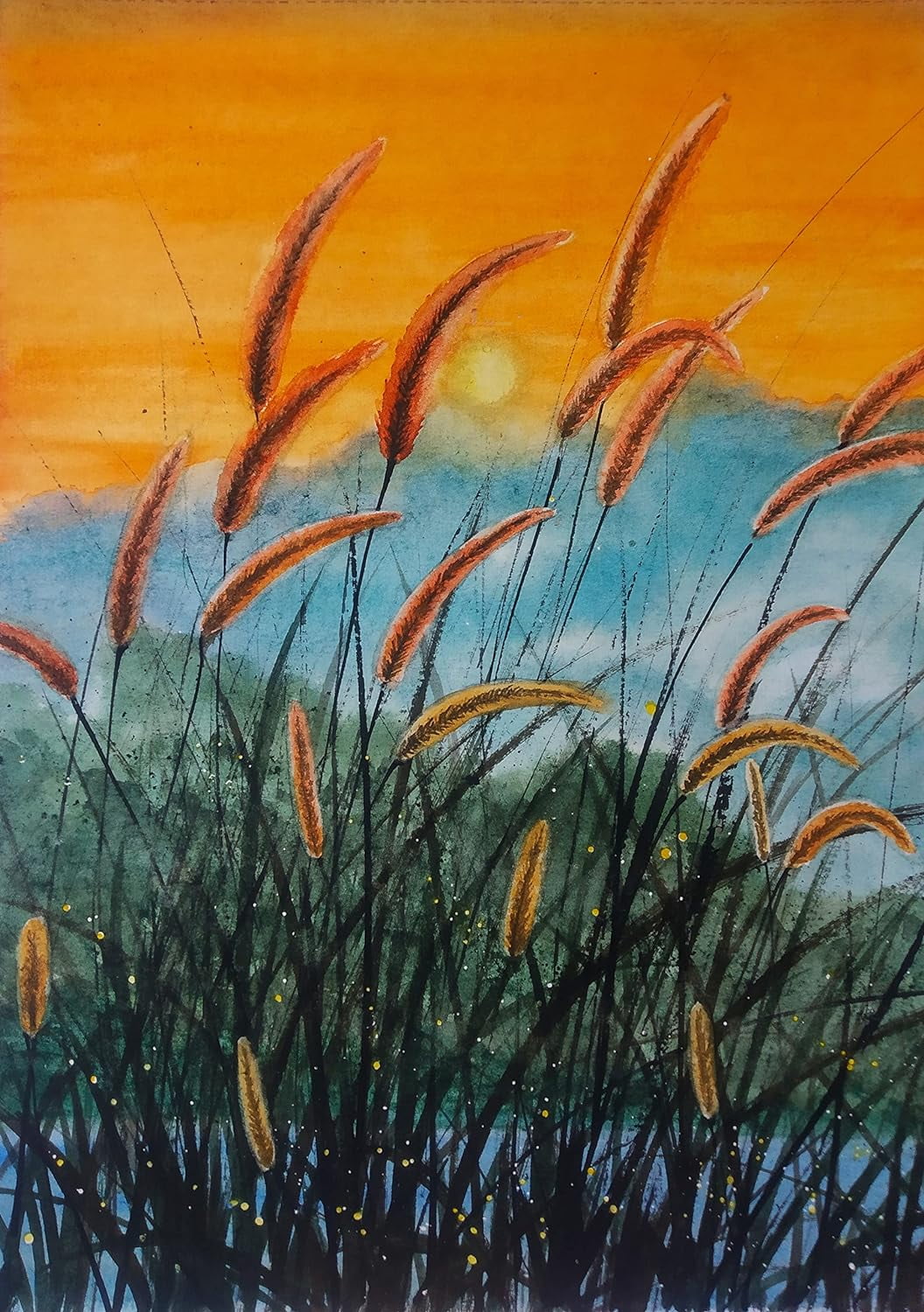 Spring Landscape Painting with Reeds Sunset Sky House Flag 28 x 40 Inch ...