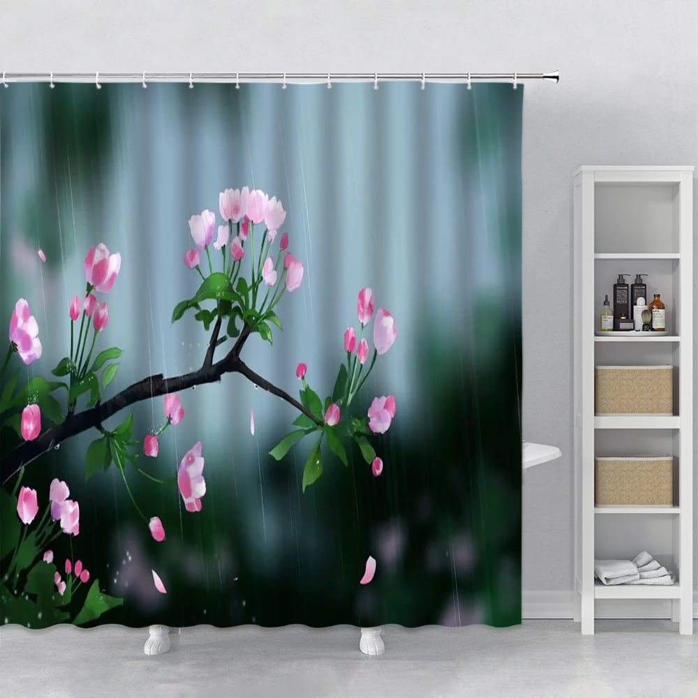 Spring Landscape Print Shower Curtain Set Fabric Hook Peach Blossom ...