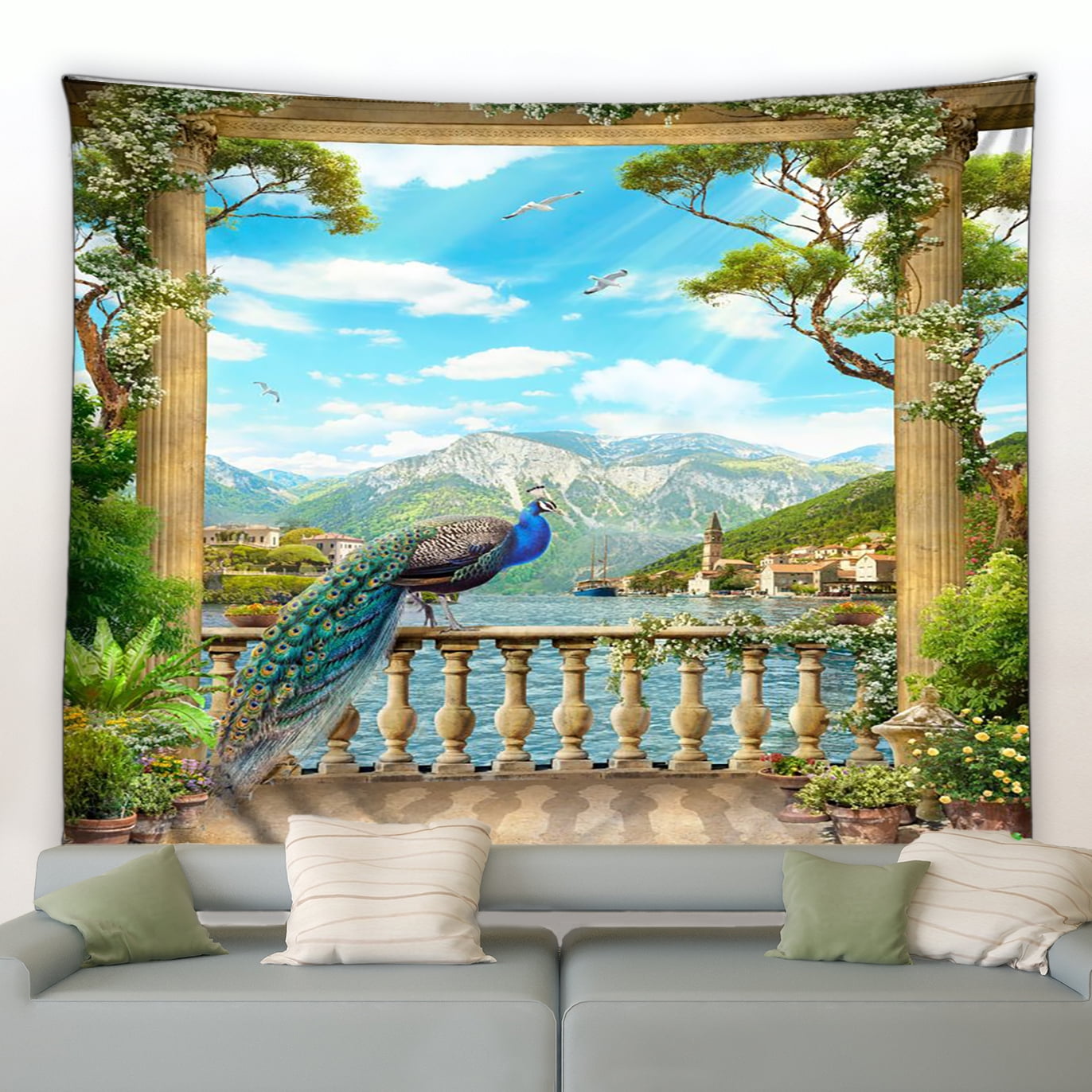 Spring Landscape Tapestry Forest Waterfall Arch Bridge Seaside Town ...