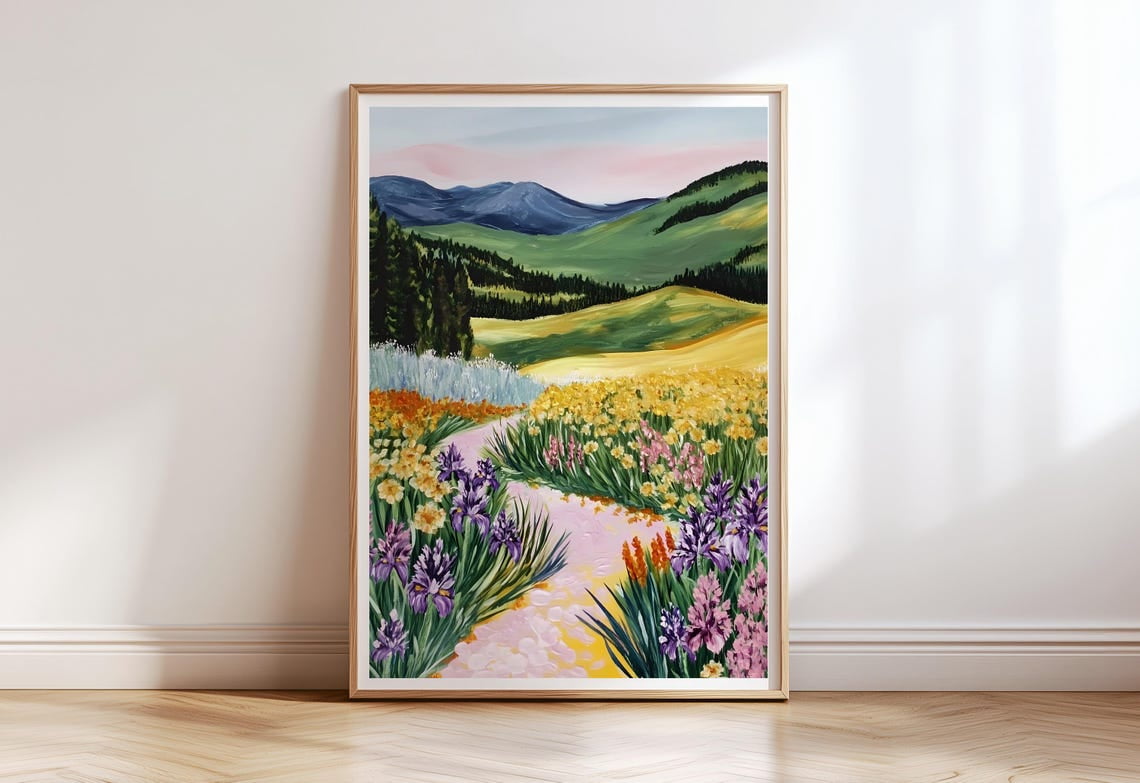 Spring Landscape Wildflower Print, Colorful Spring Scenery Painting ...