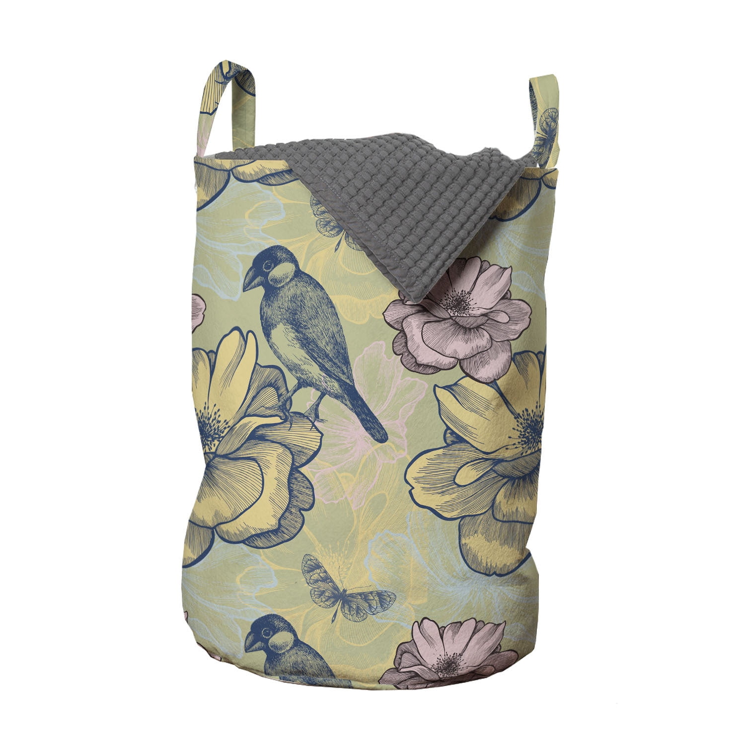 Spring Laundry Bag, Flourishing Nature Theme Hand Drawn Small Bird ...