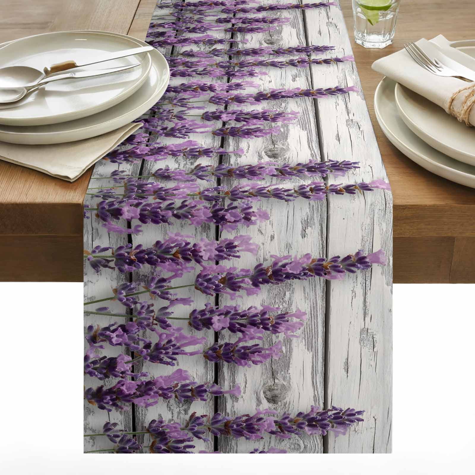 Spring Lavender Cotton Linen Table Runner Rustic Watercolor Flowers ...