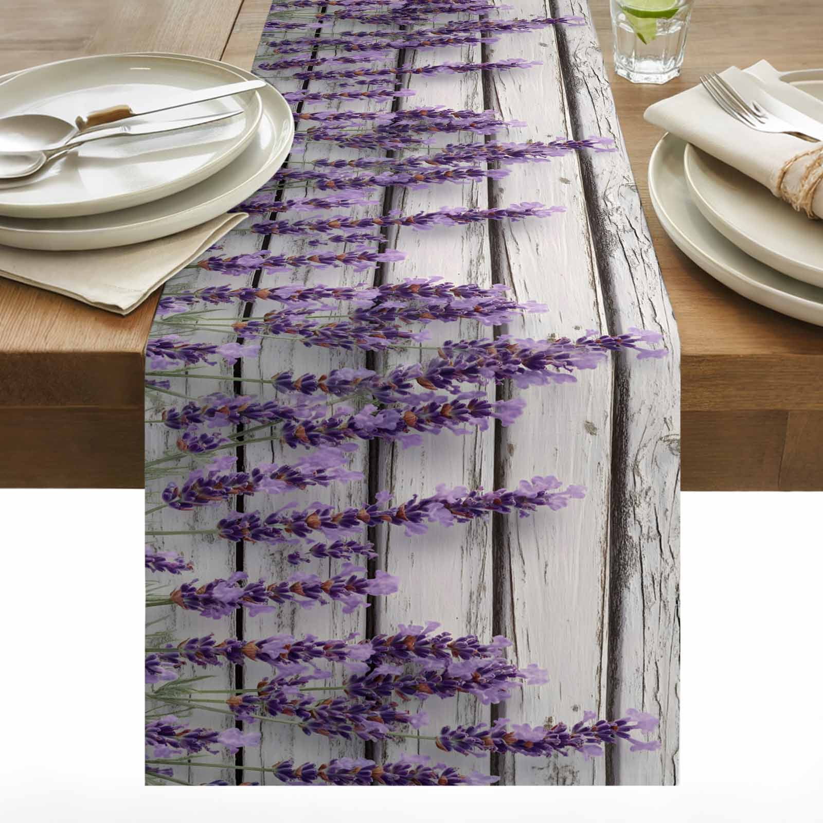 Spring Lavender Cotton Linen Table Runner Rustic Watercolor Flowers ...