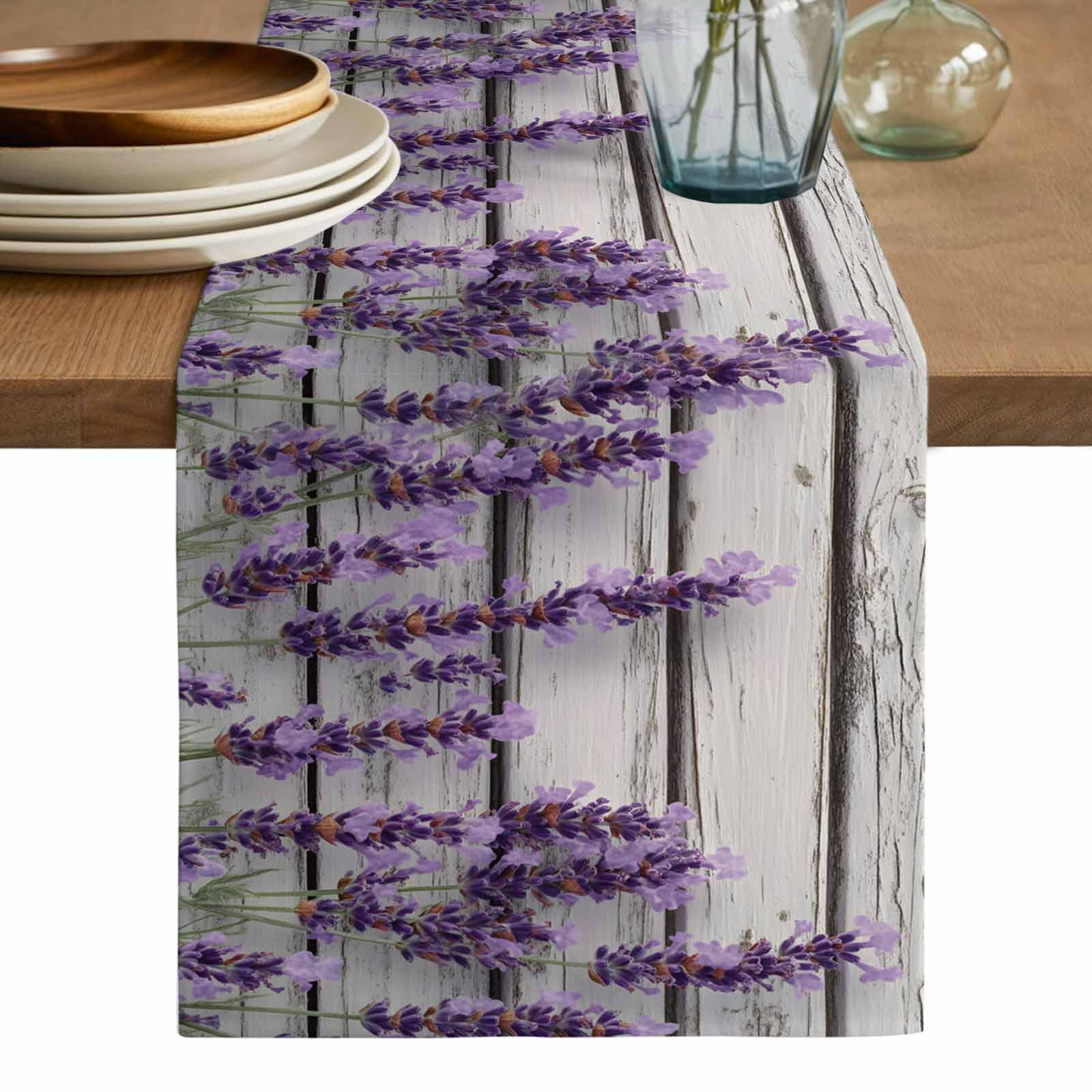 Spring Lavender Floral Table Runner, Botanical Flower Vintage Wood ...